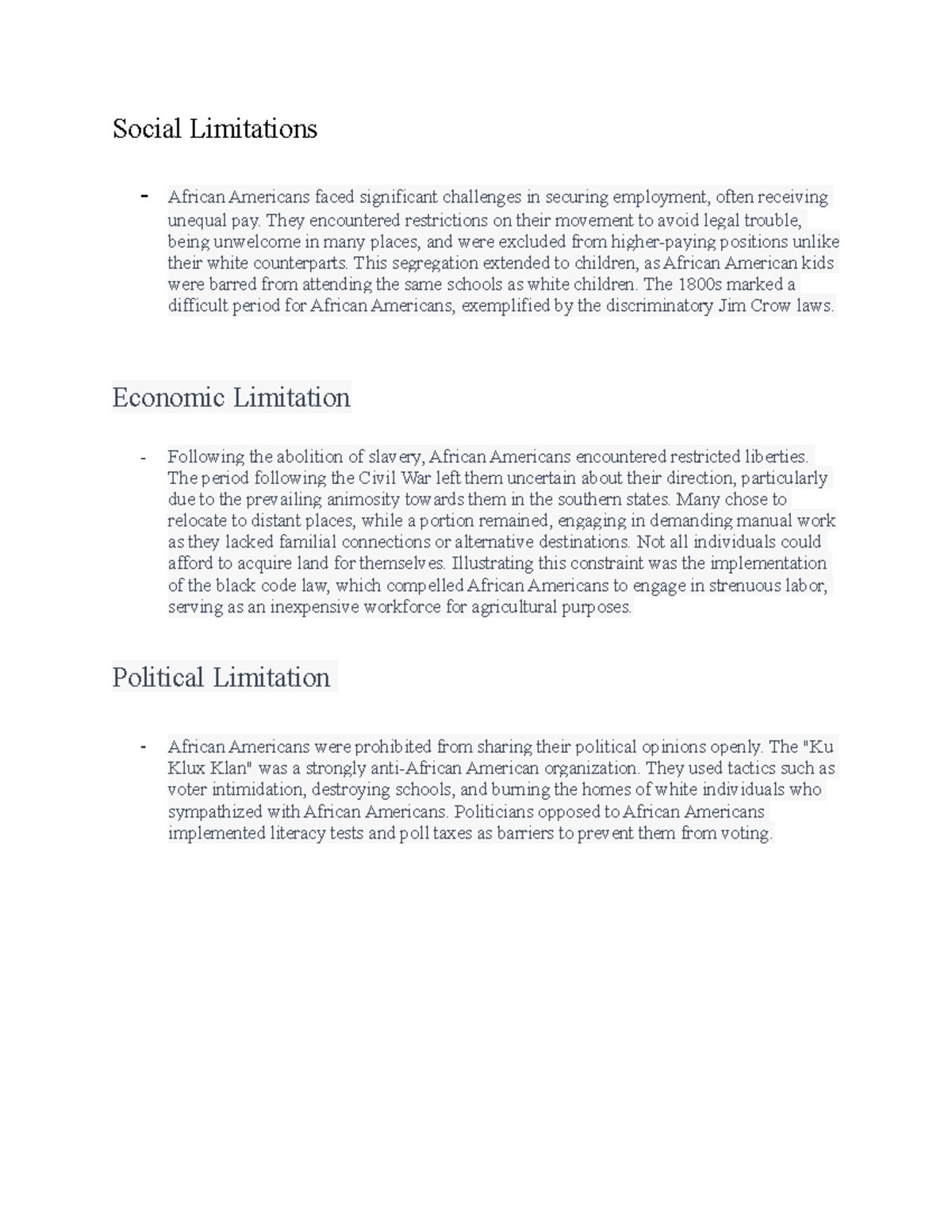 1.06 facing freedmom - Social Limitations - African Americans faced ...