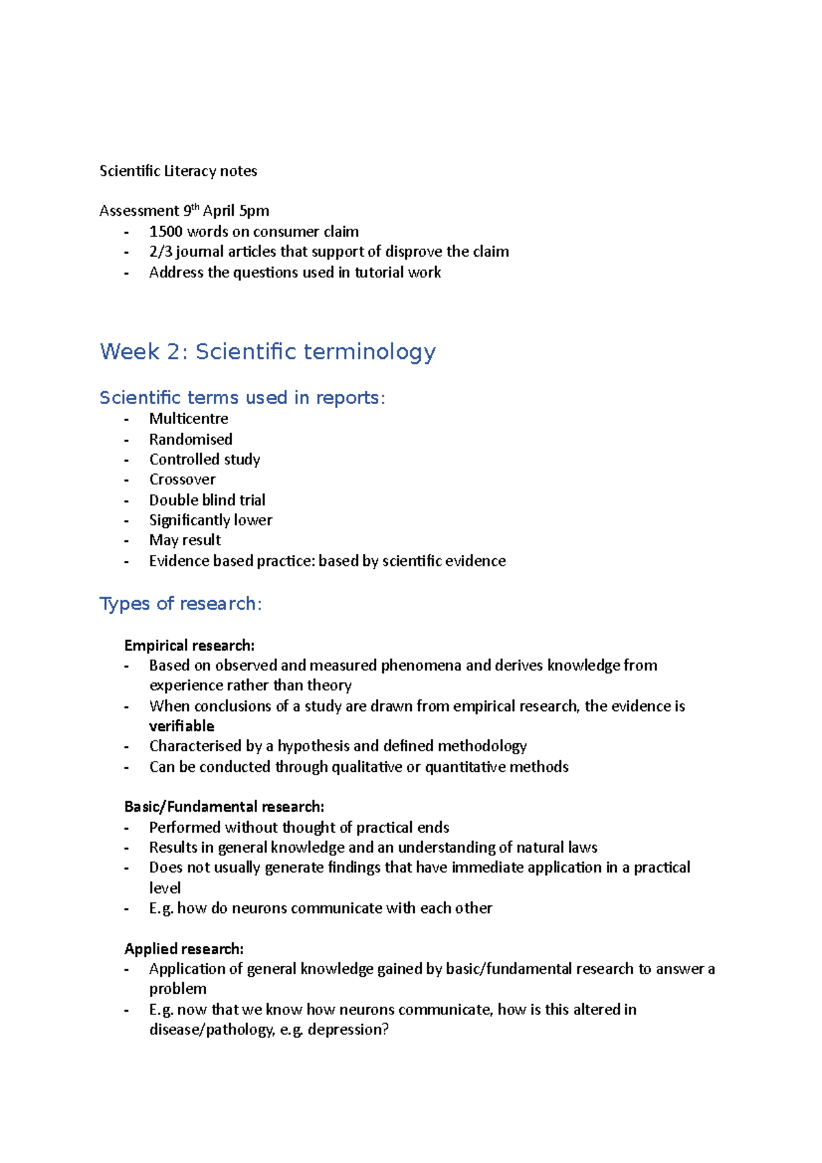 Scientific Literacy notes - Scientific Literacy notes Assessment 9th ...