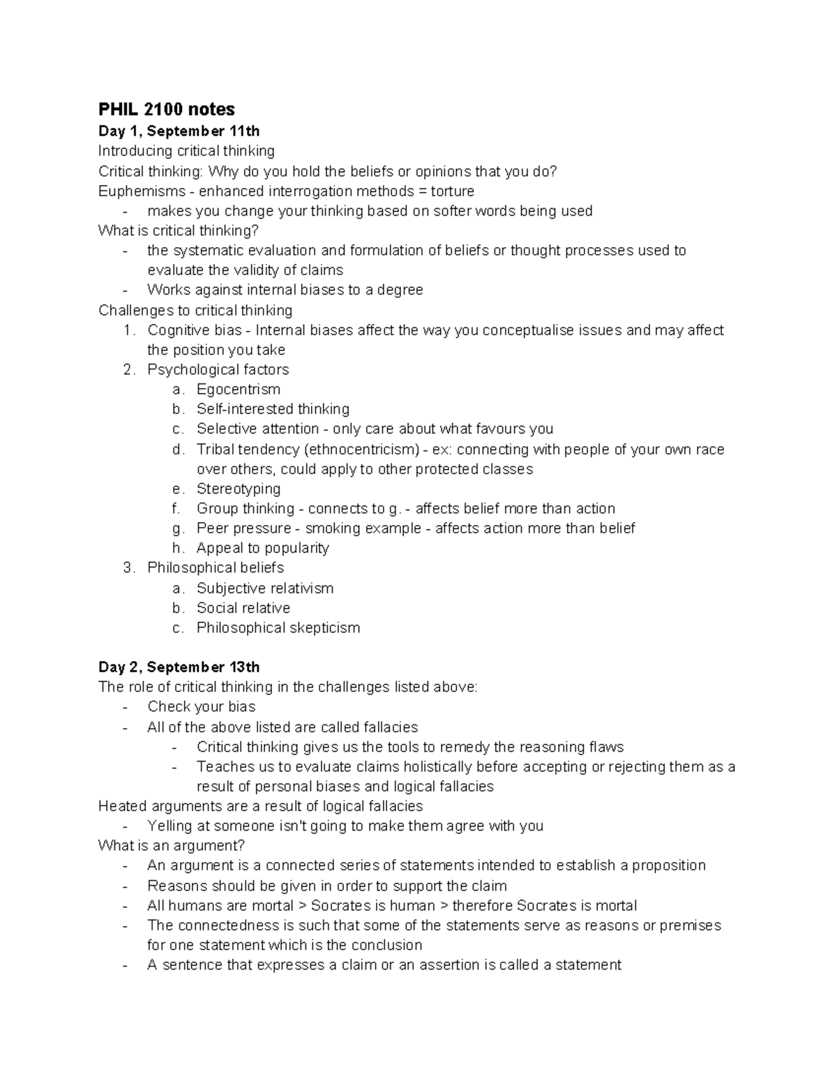 PHIL 2100 notes - PHIL 2100 notes Day 1, September 11th Introducing ...