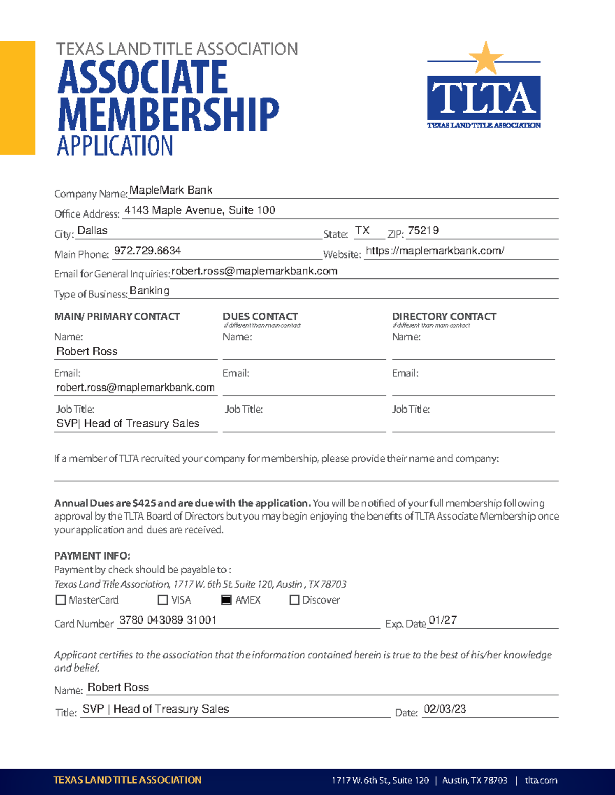 TLTA Associate Member application for Maple Mark Bank - TEXAS LAND ...