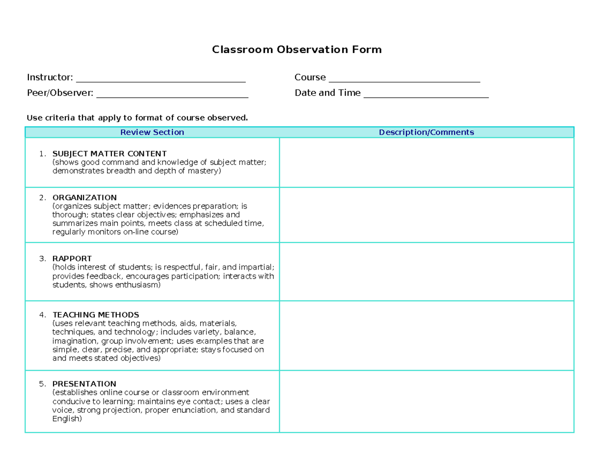 Classroom Observation Form-2 - Classroom Observation Form Instructor ...