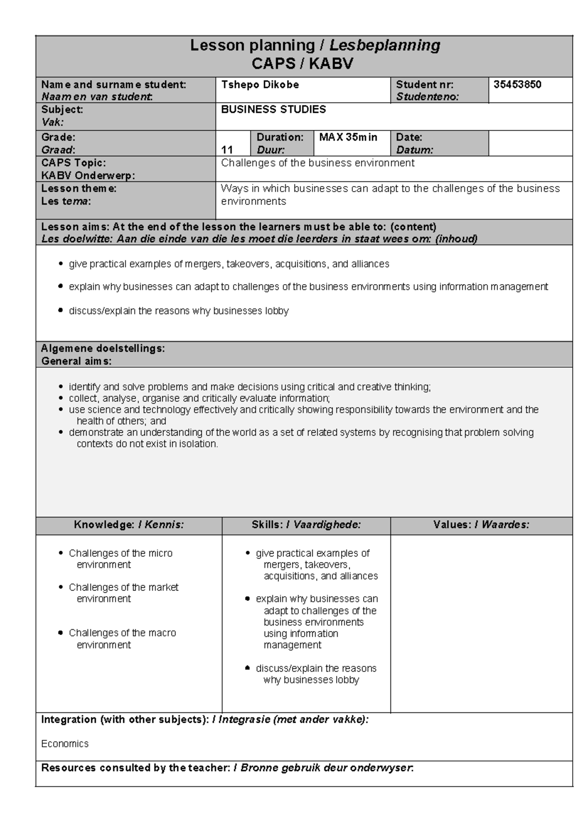 Lesson PLAN Template clear - Lesson planning / Lesbeplanning CAPS ...