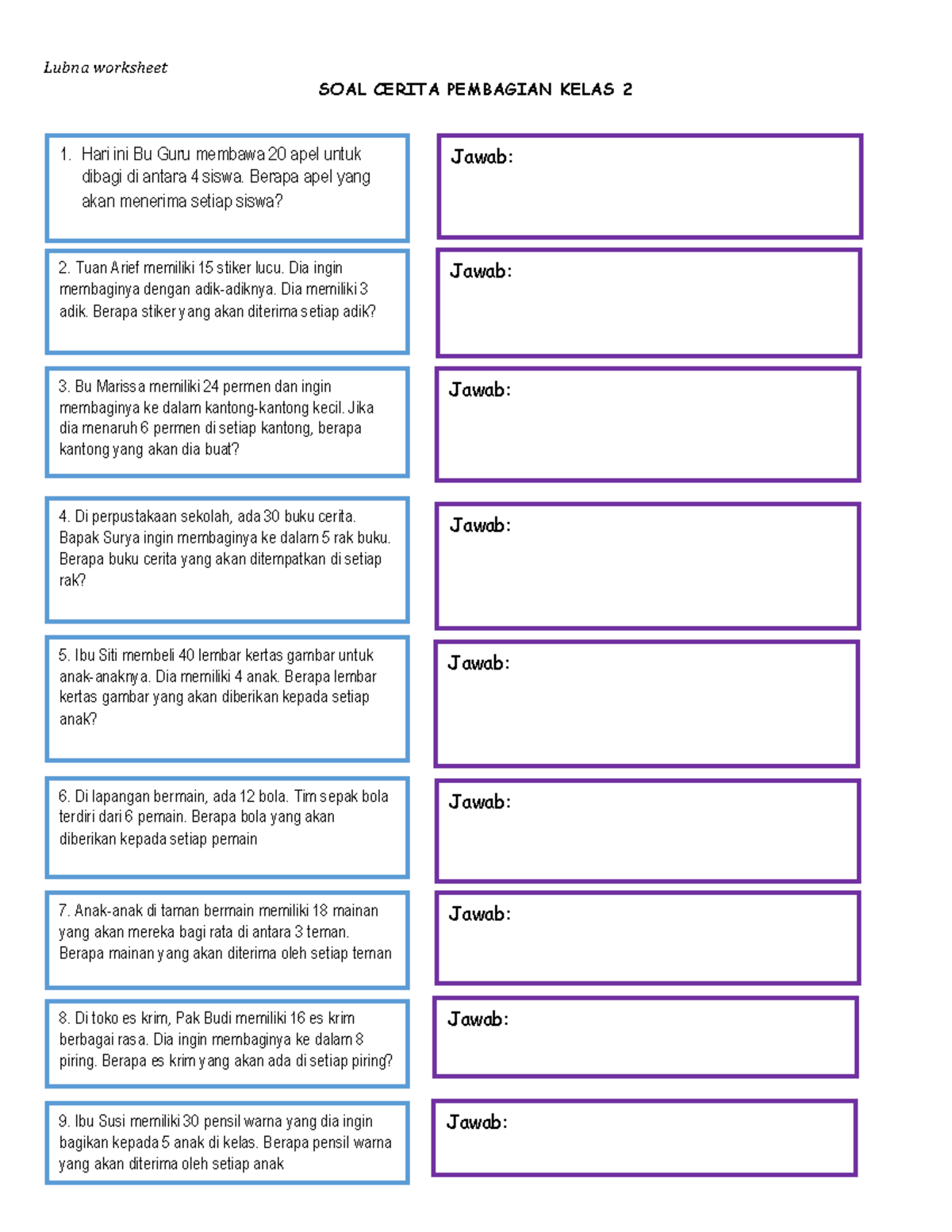 SOAL Cerita Kelas 2 - Lembar kerja Peserta Didik - Lubna worksheet SOAL ...