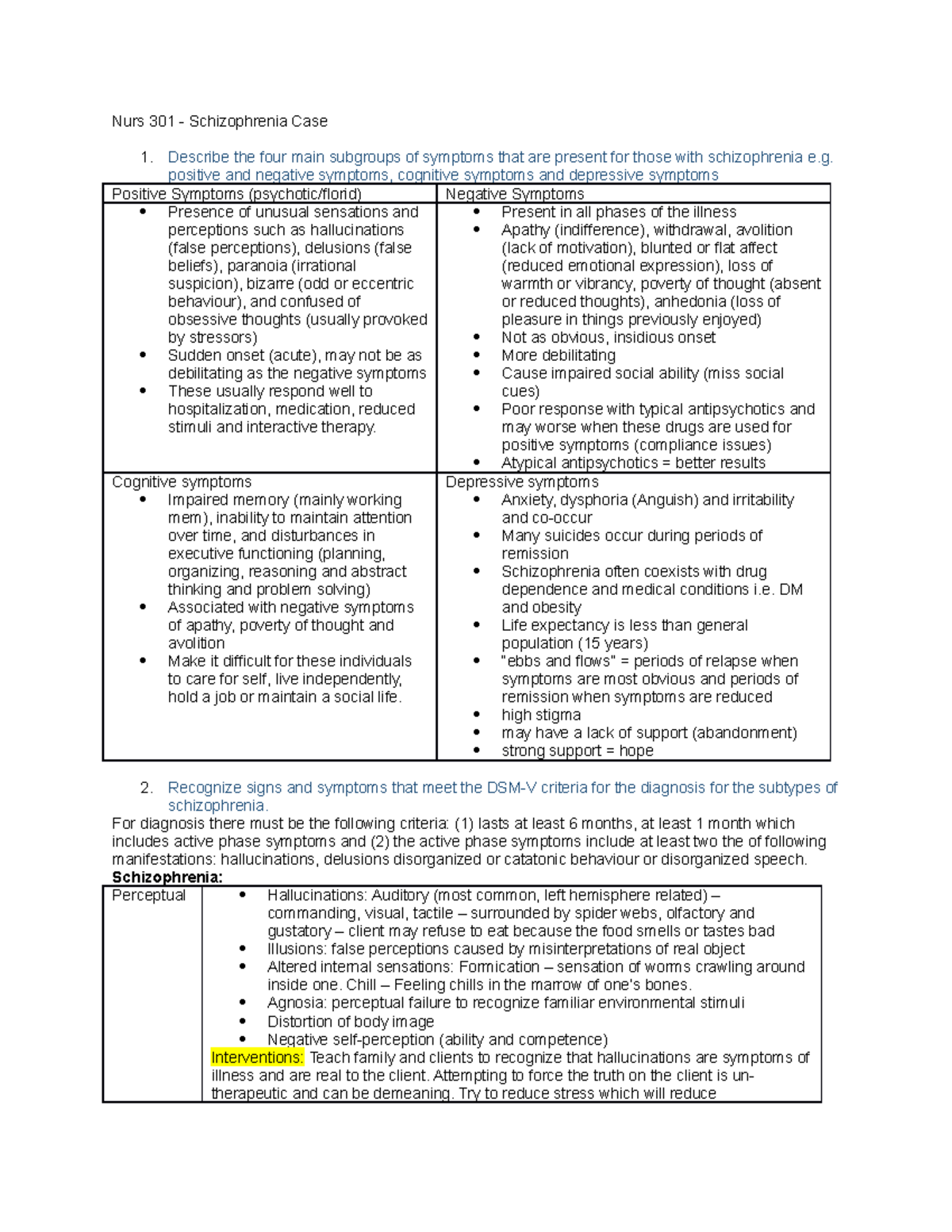 Schizophrenia Notes - Nurs 301 - Schizophrenia Case Describe the four ...