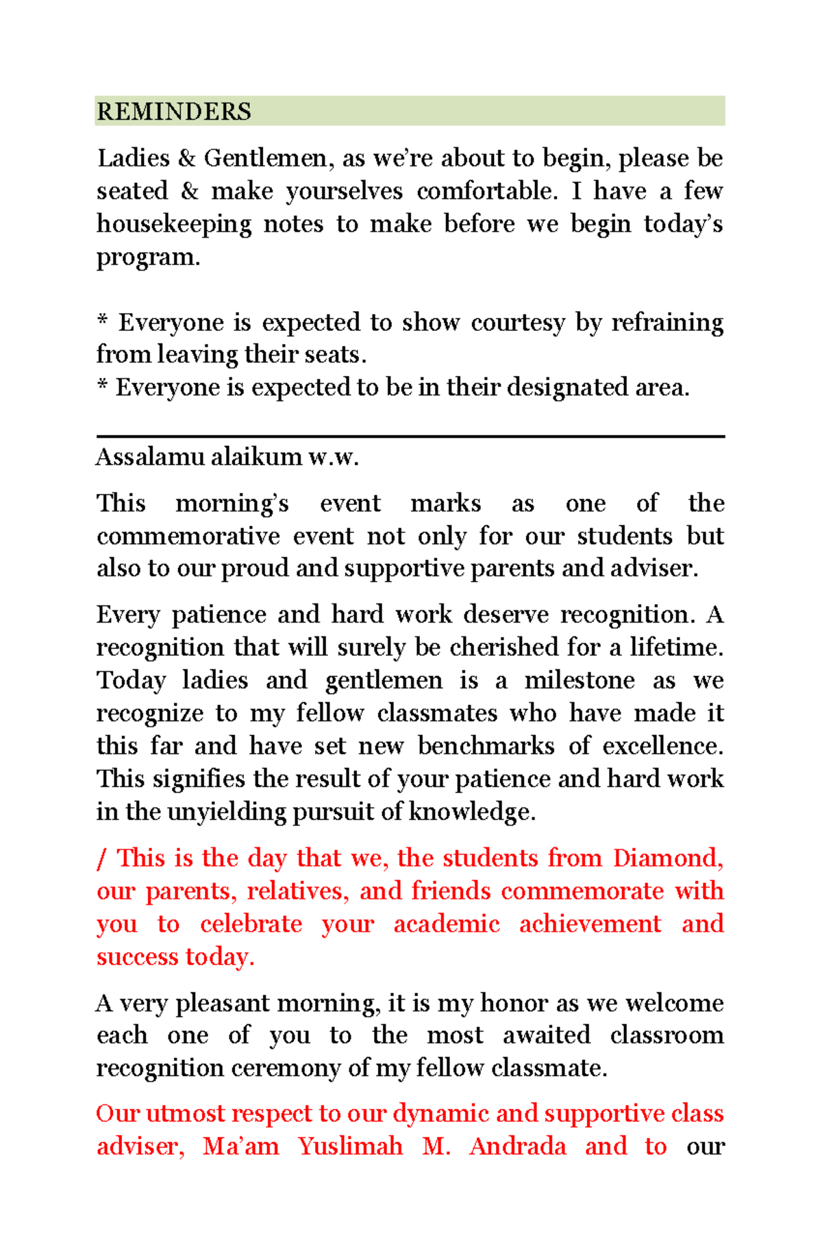 Classroom recog. script final - REMINDERS Ladies & Gentlemen, as we’re ...