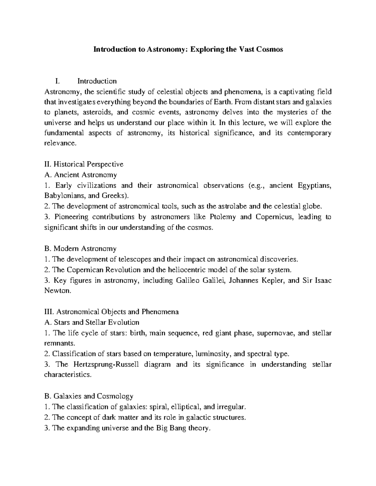 Introduction to Astronomy - Exploring the Vast Cosmos - Studocu