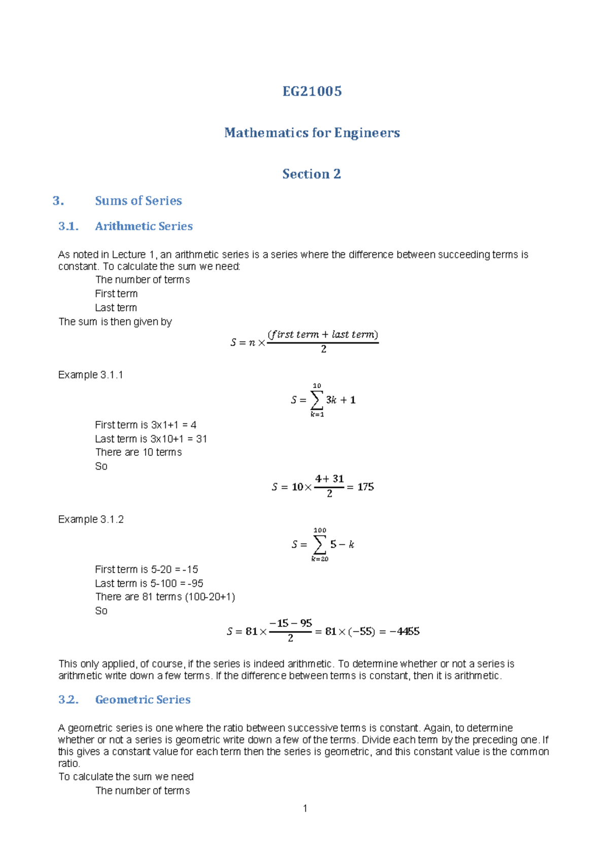 Series Notes 3 - EG Mathematics for Engineers Section 2 3. Sums of ...