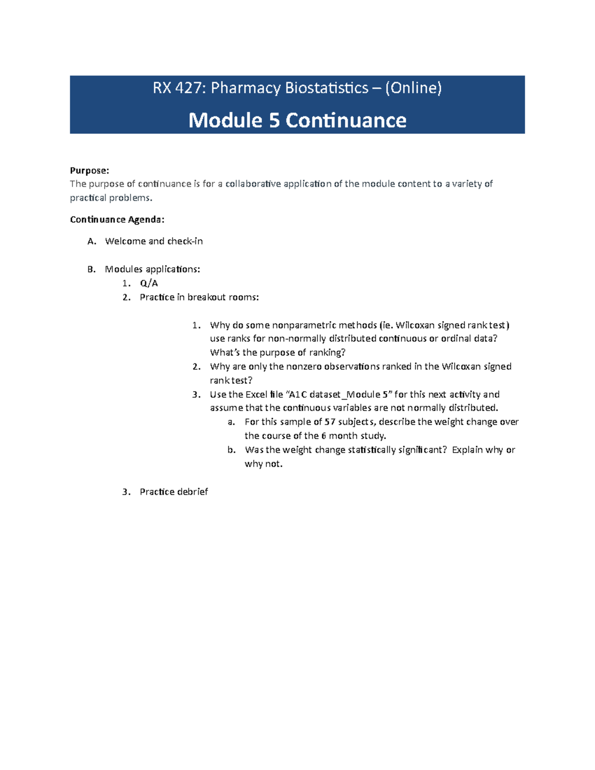 Module 5 Continuance - Biostatistics Practice Problems and worksheets - RX 427: Pharmacy - Studocu