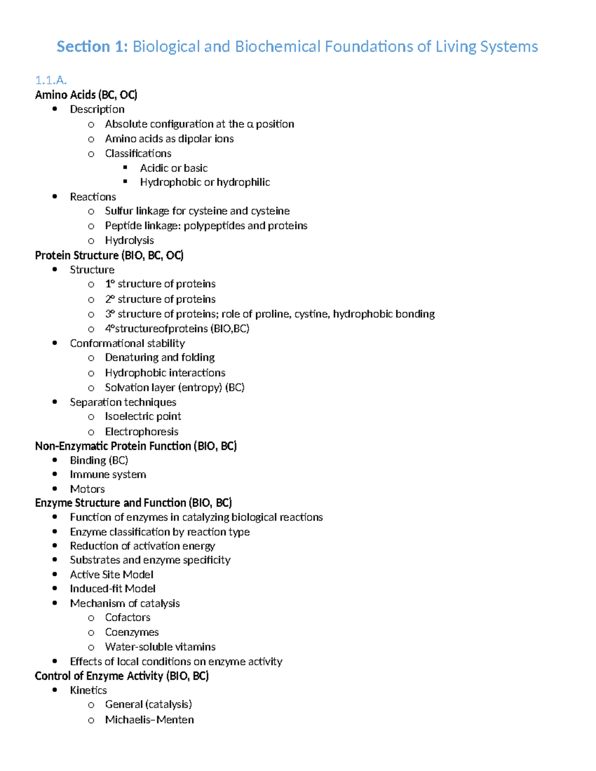 Compiled MCAT Topics - Section 1: Biological and Biochemical ...