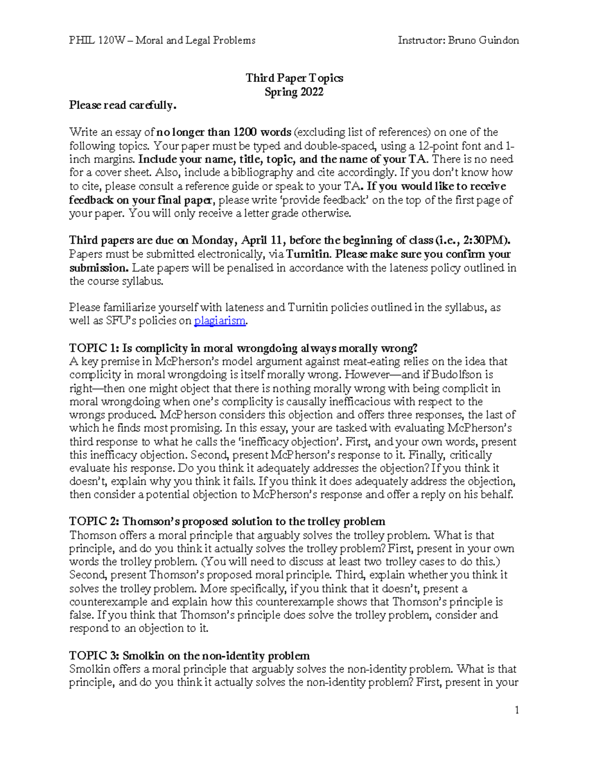 PHIL 120W - Third paper topics (paper 3) - PHIL 120W – Moral and Legal ...