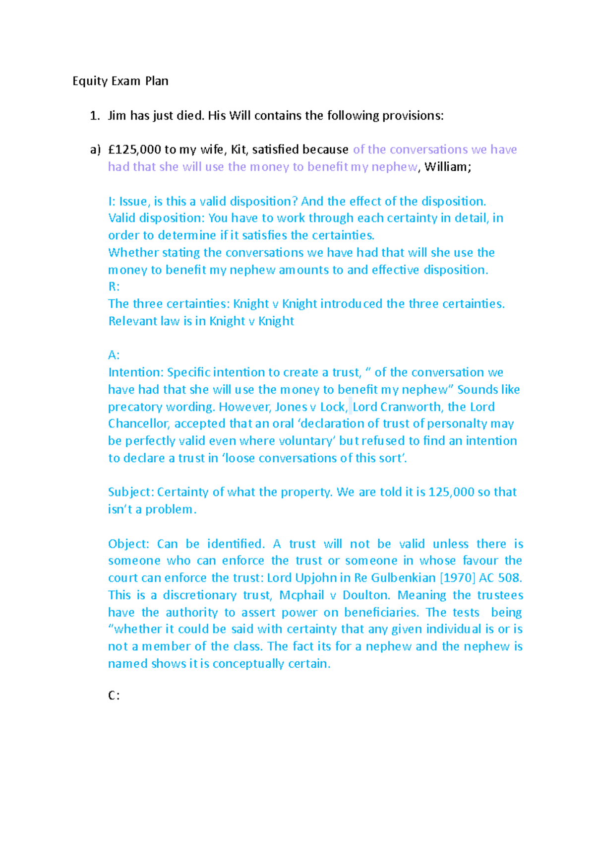 Equity Exam Plan - Lecture notes 4 - Equity Exam Plan Jim has just died ...
