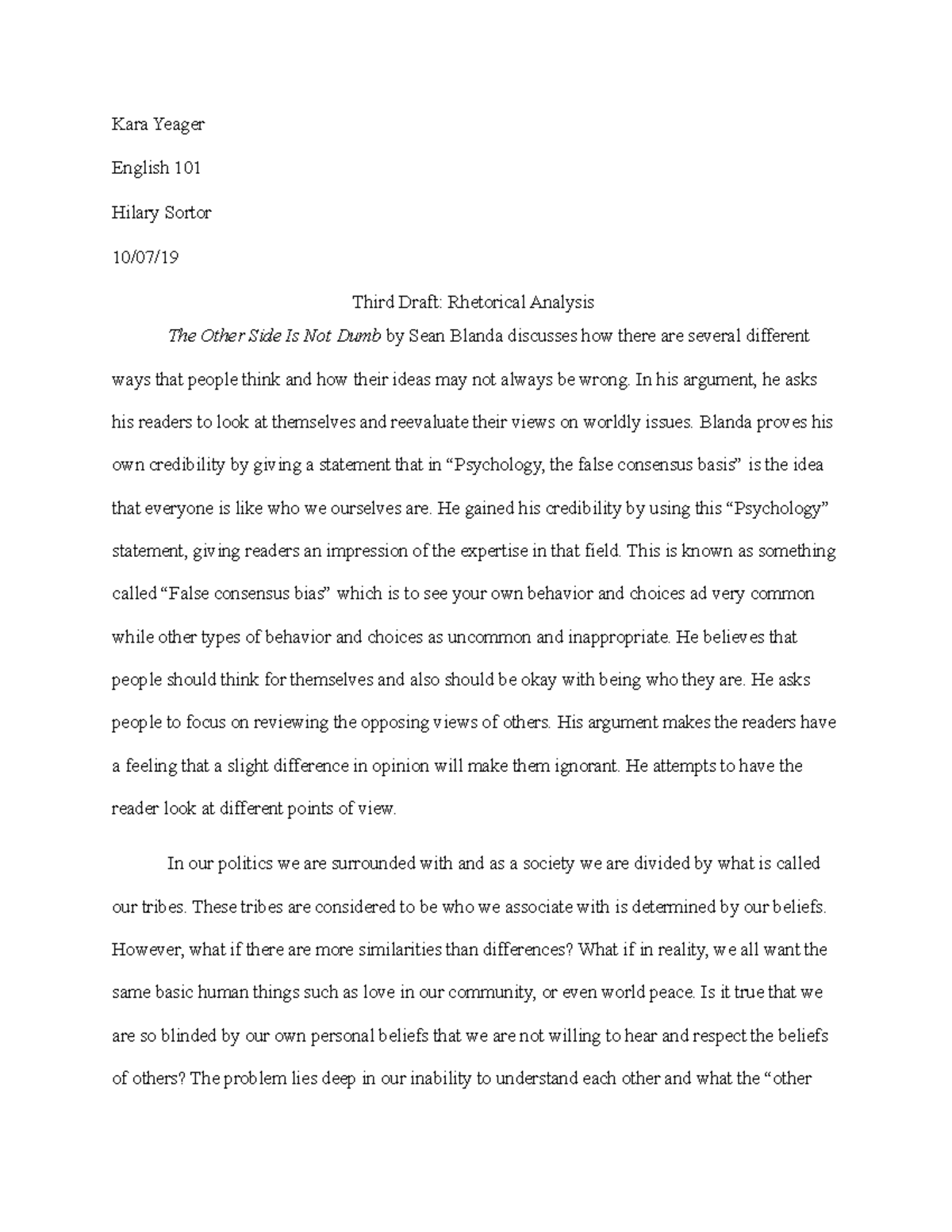 Third Draft Rhetorical Analysis - Kara Yeager English 101 Hilary Sortor ...
