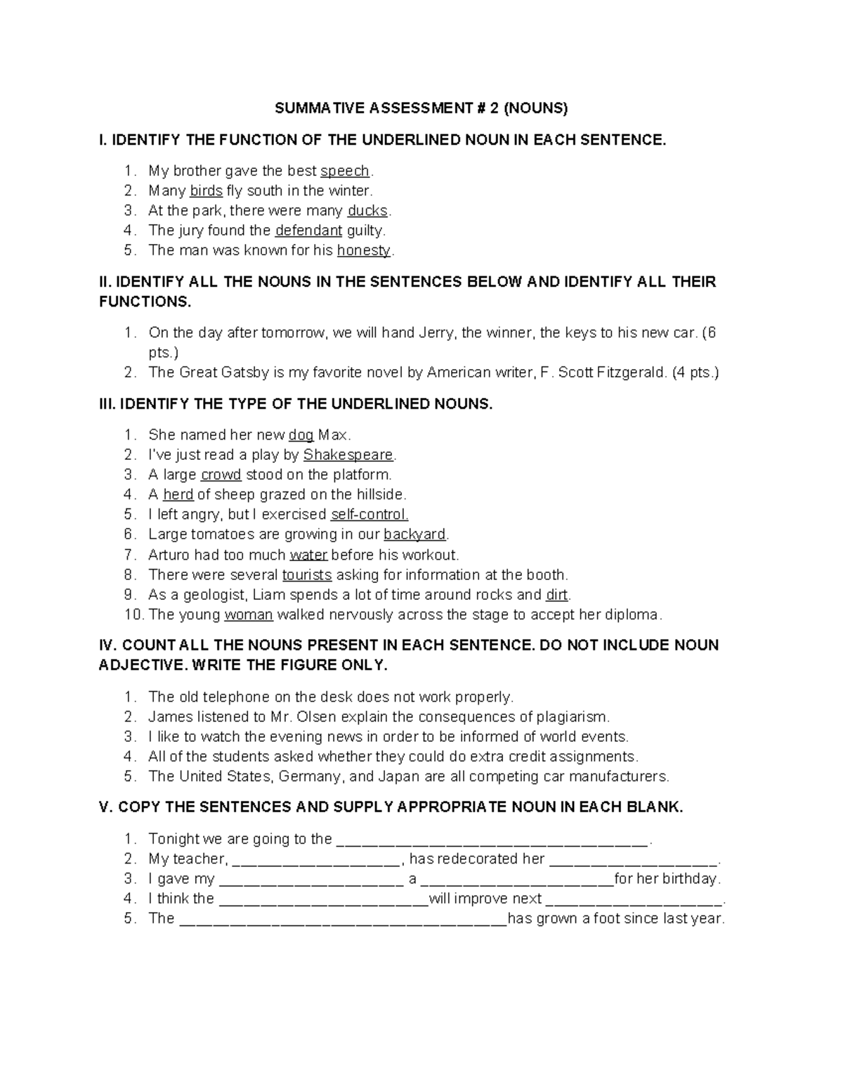 Summative Assessment 2 Nouns - SUMMATIVE ASSESSMENT # 2 (NOUNS) I ...