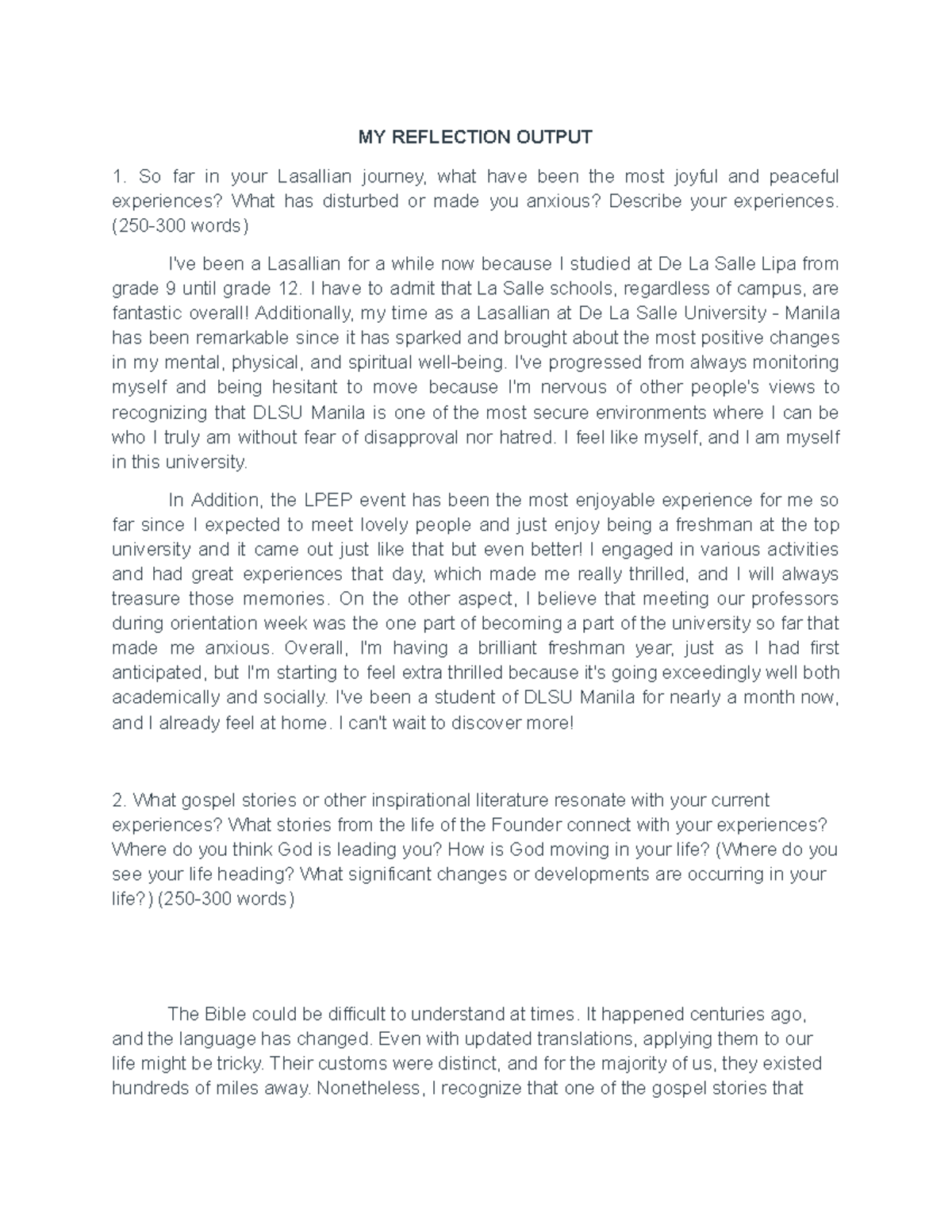 Lasare 1 Reflection - MY REFLECTION OUTPUT So far in your Lasallian ...