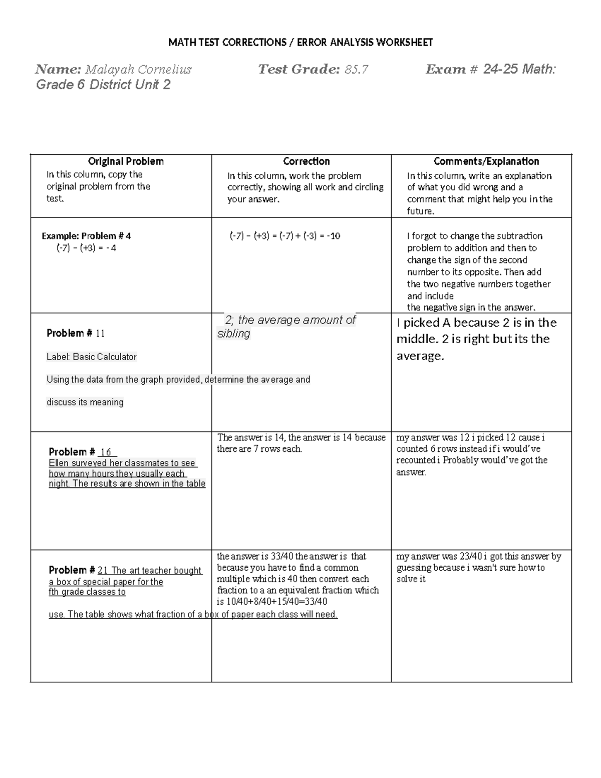 Math error analysis worksheet Unit 1-1 - MATH TEST CORRECTIONS / ERROR ...