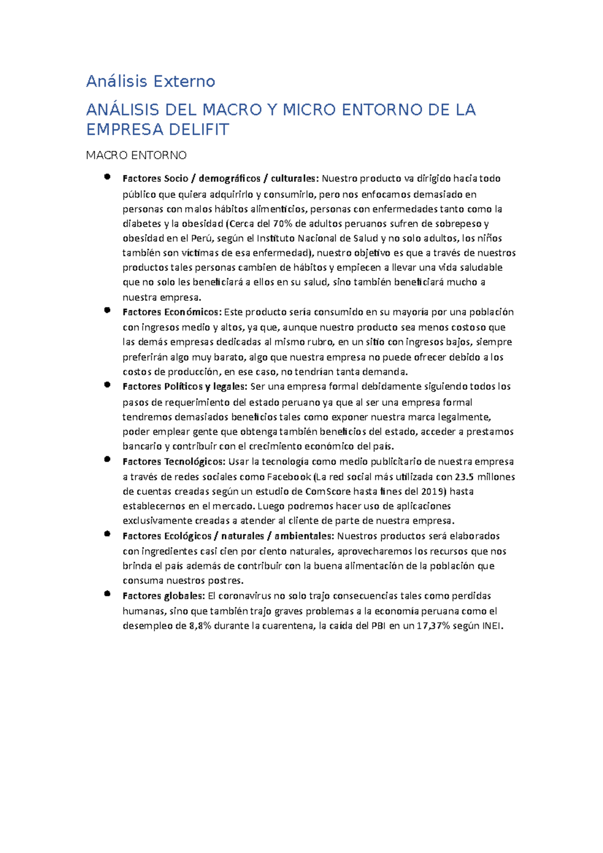 Análisis DEL Macro Y Micro Entorno DE LA Empresa Delifit - Análisis ...