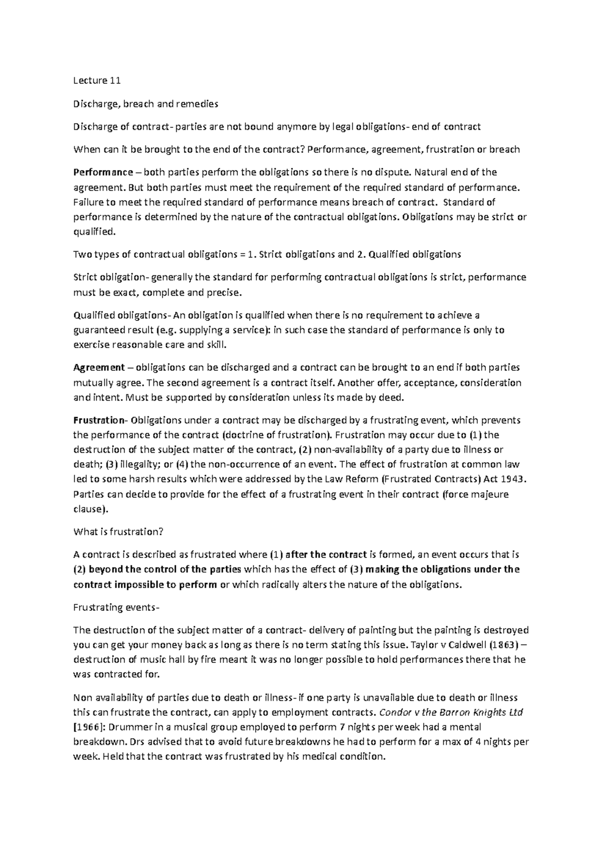 Breach, remedies and Discharge - Lecture 11 Discharge, breach and remedies Discharge of contract ...