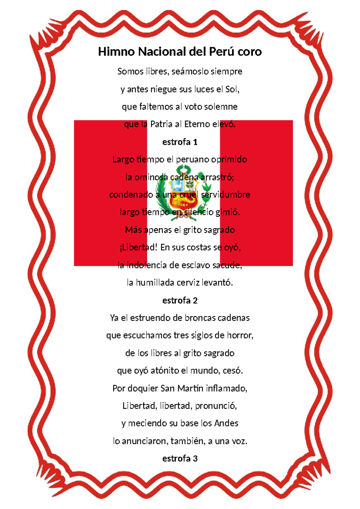 Himno Nacional del Perú coro - estrofa 1 Largo tiempo el peruano ...