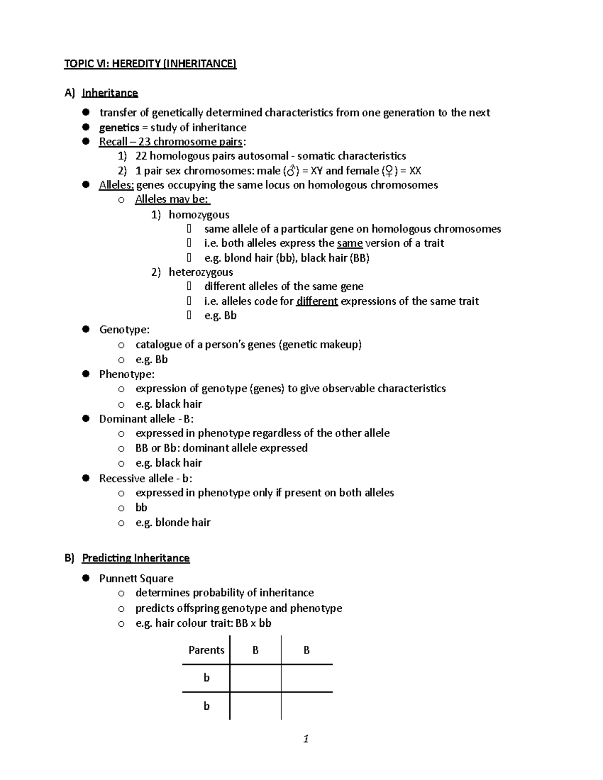 6 - Topic VI - Heredity ( Inheritance) - TOPIC VI: HEREDITY ...