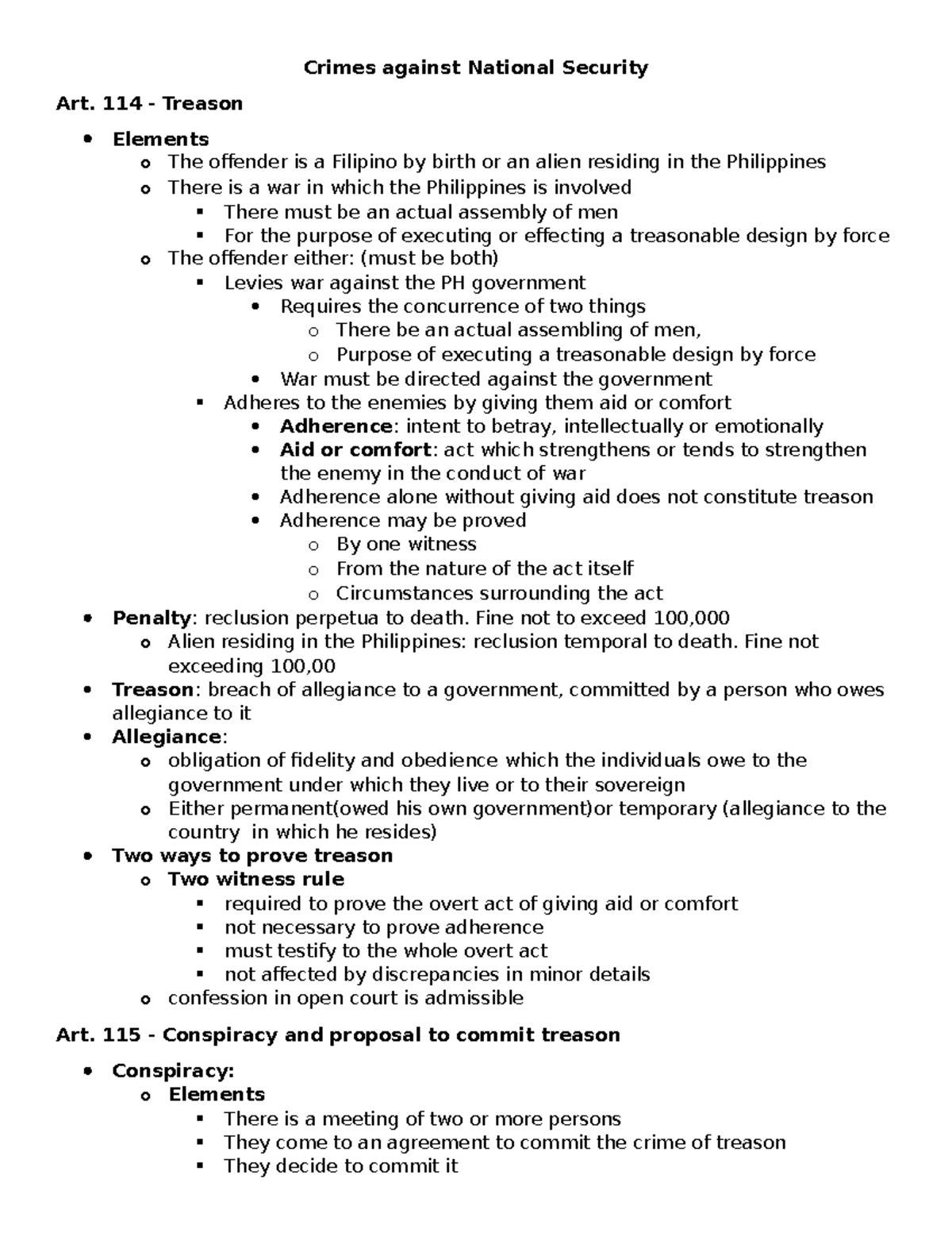 Criminal Law 2 Notes - Crimes against National Security Art. 114 ...