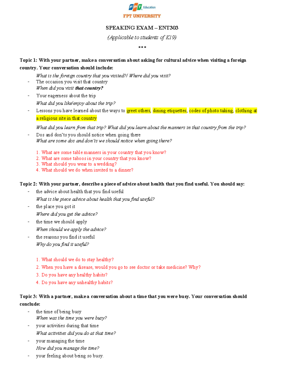 ENT303 FA23 H1 FE Speaking Topics SV K19 V2 - SPEAKING EXAM – ENT ...