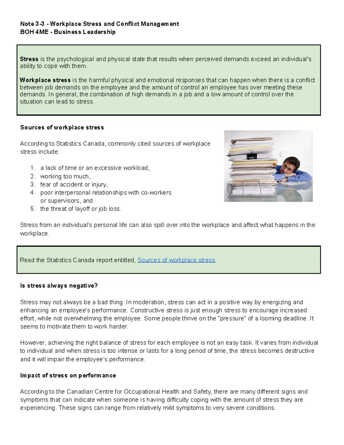 BOH - Note 3-3 - Workplace Stress and Conflict Management - Note 3-3 ...