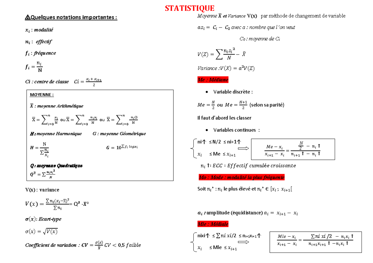 Statistique - Stat - STATISTIQUE ⚠Quelques notations importantes : 𝒙𝒊 ...