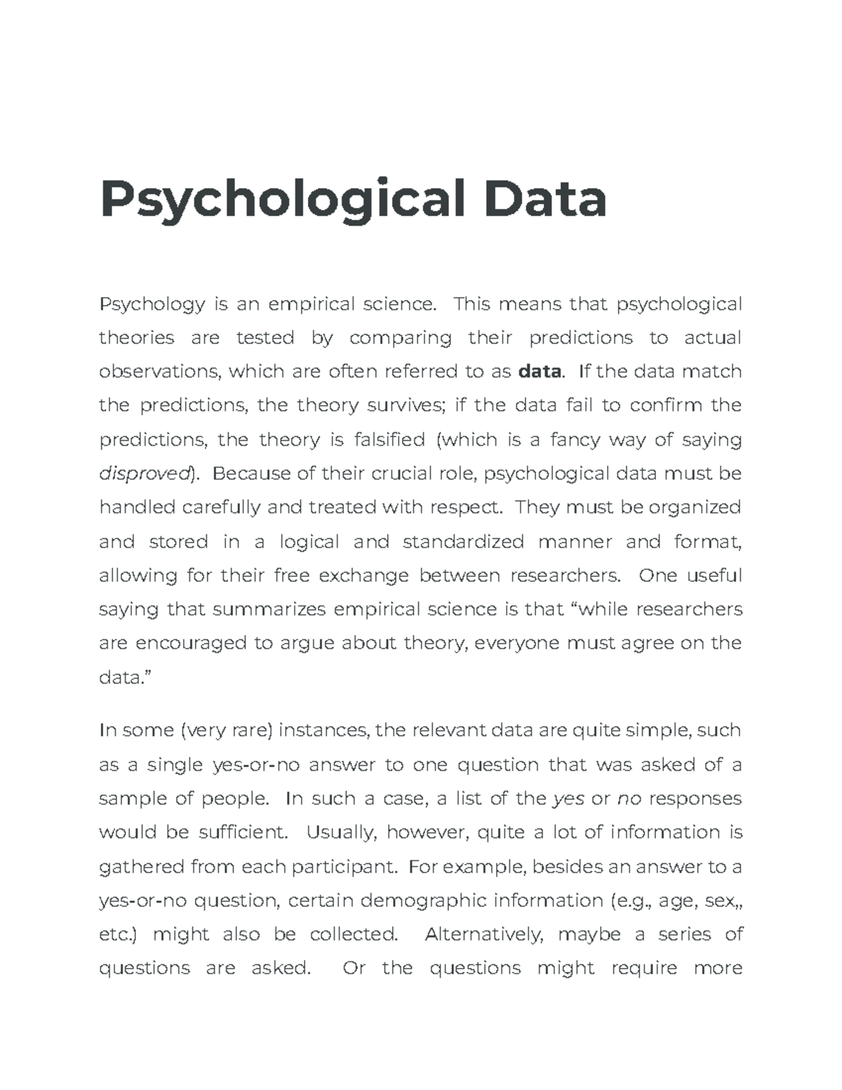 Psychological Data: Handling Storage and Analysis - Studocu