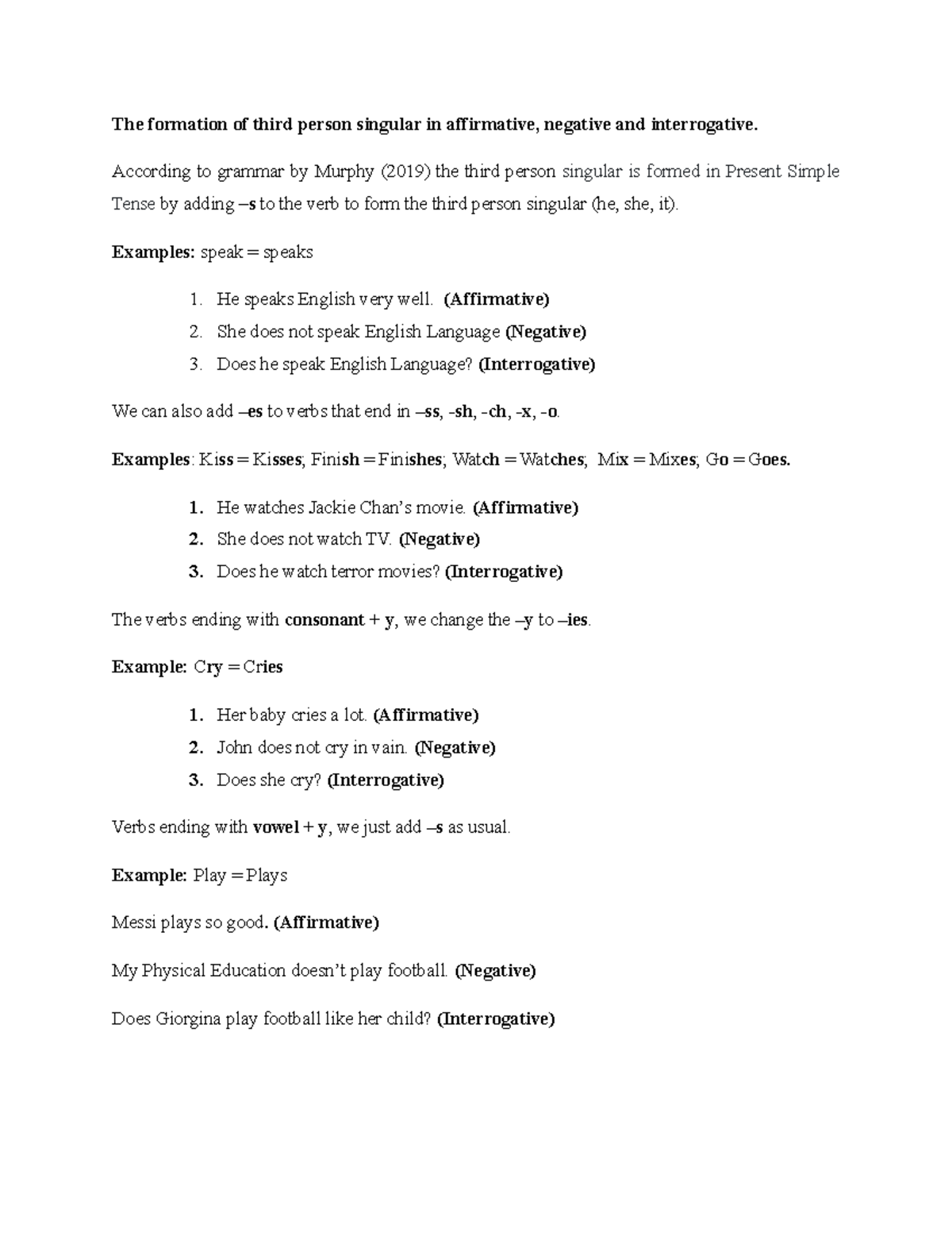 The formation of third person in English Language - The formation of ...