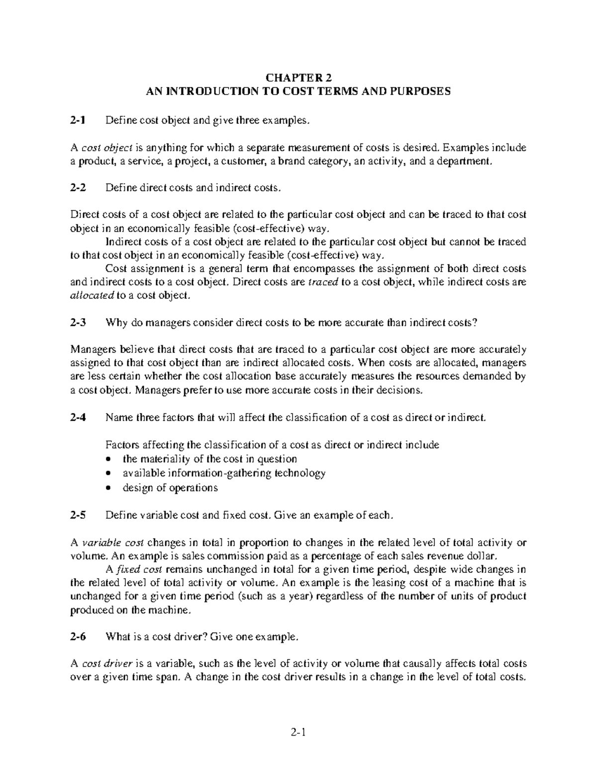 Chapter 2 Exercises with Answers - CHAPTER 2 AN INTRODUCTION TO COST ...