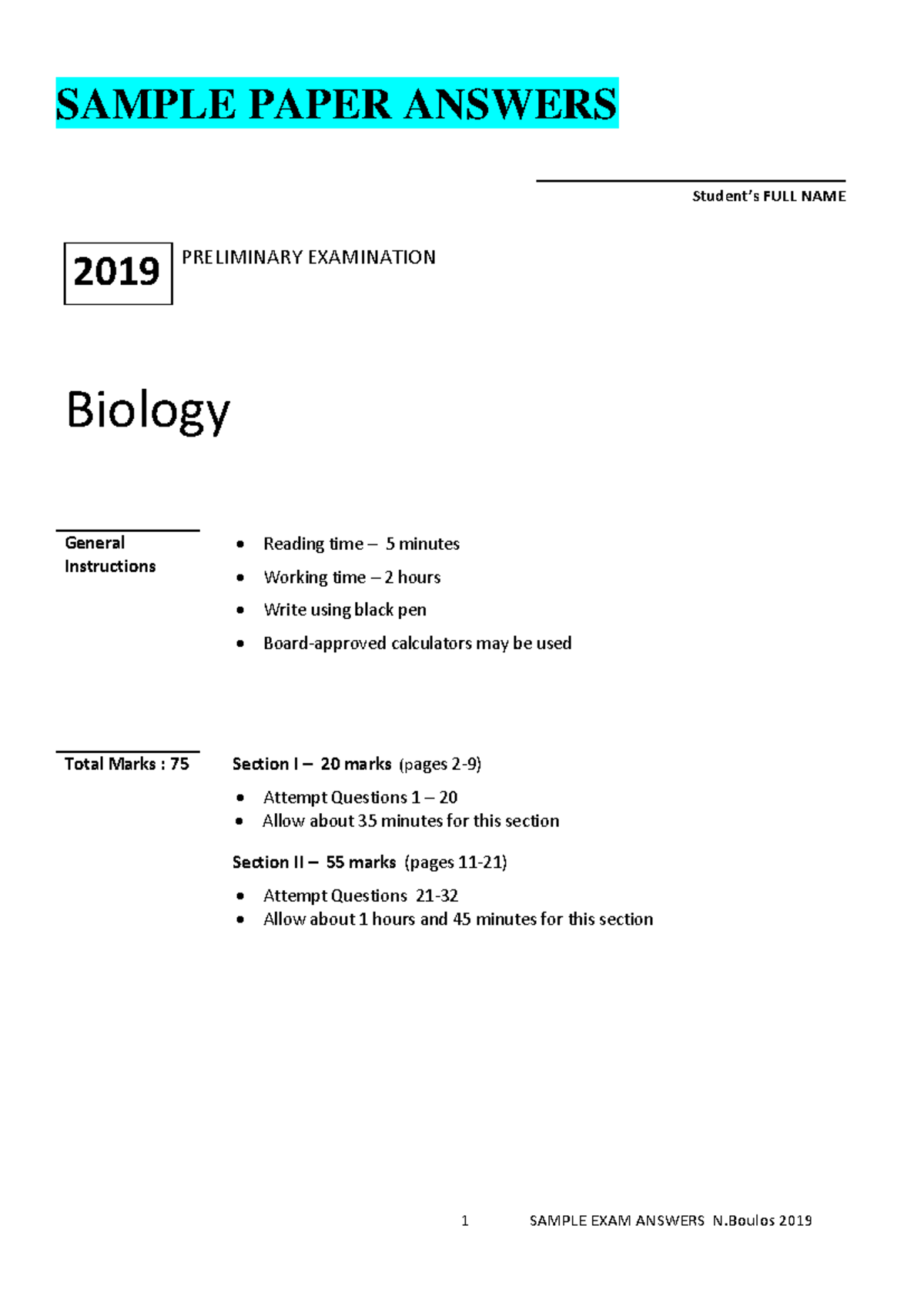 2019 Sample Biology Past Paper ANSWERS - SAMPLE PAPER ANSWERS ...