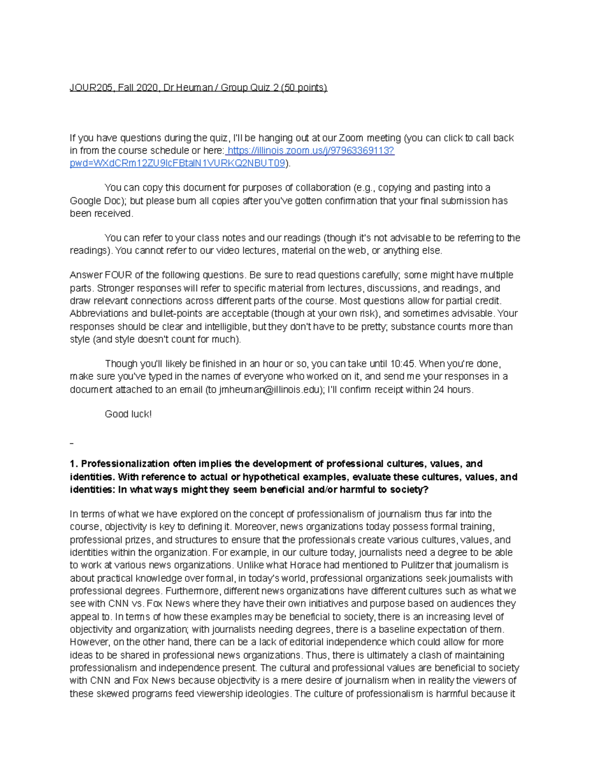 Journalism 205 Team Quiz #2 - JOUR205, Fall 2020, Dr Heuman / Group ...