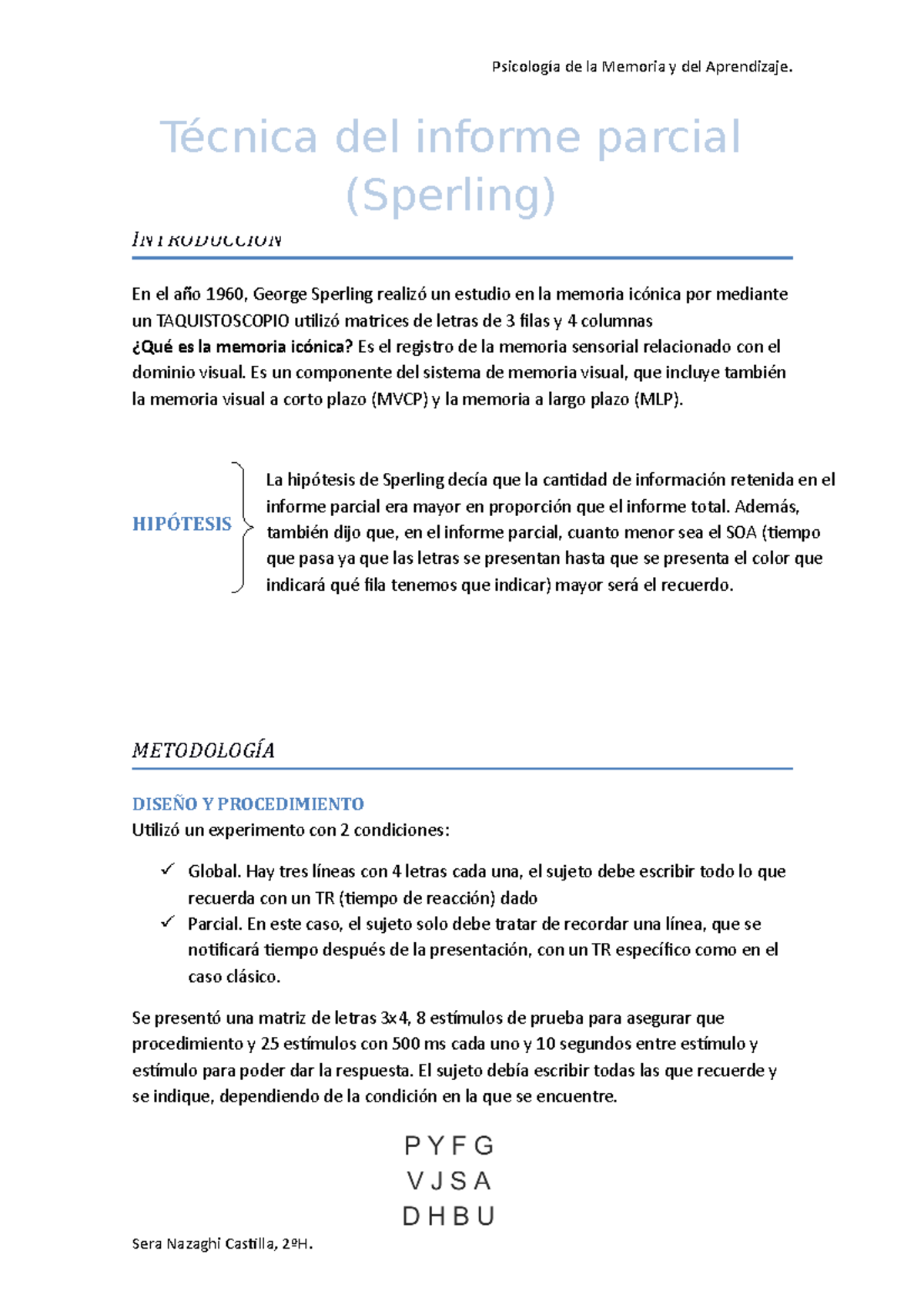 Técnica DEL Informe Parcial - Psicología de la Memoria y del ...