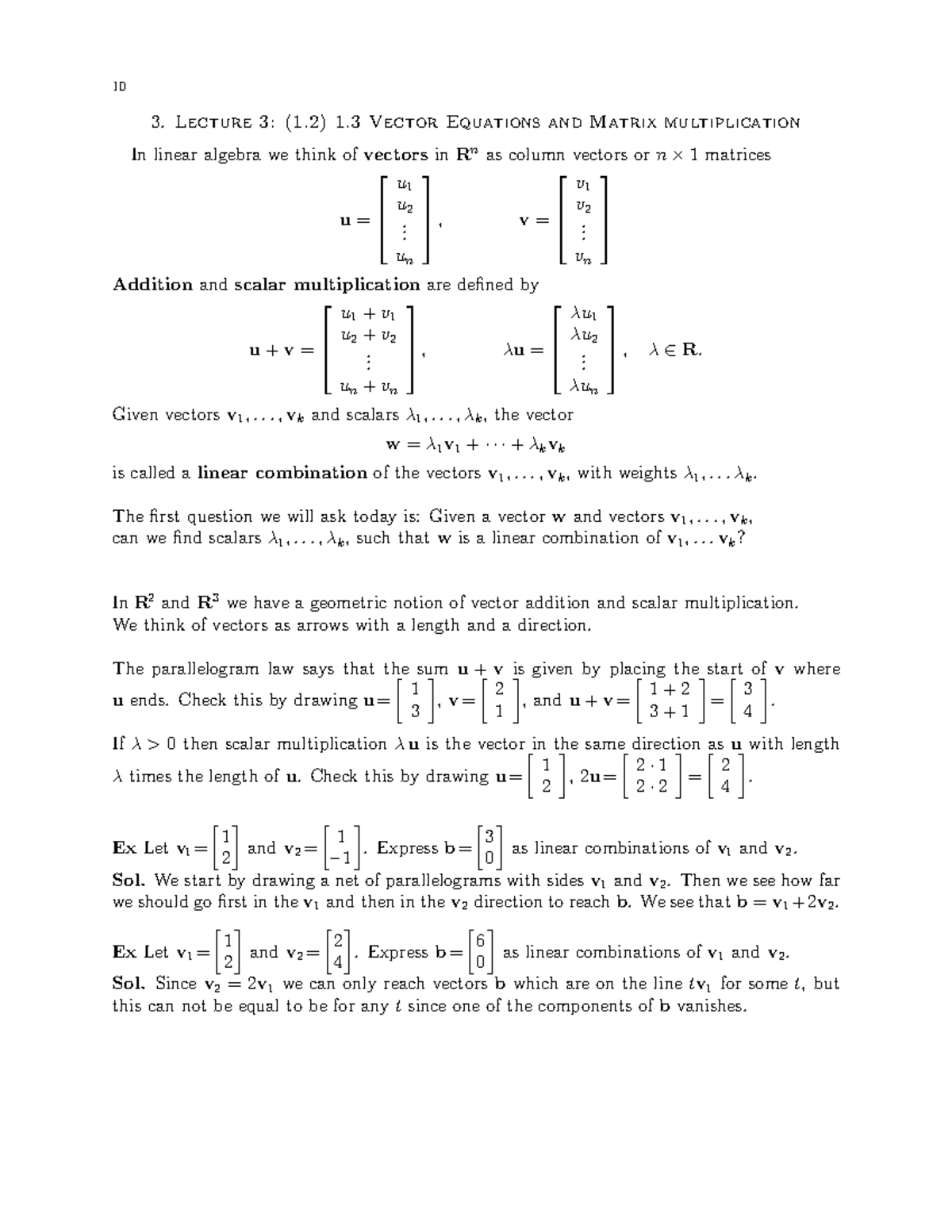 1.3. Vector Equations and Matrix Multiplication - Lecture 3: (1) 1 ...