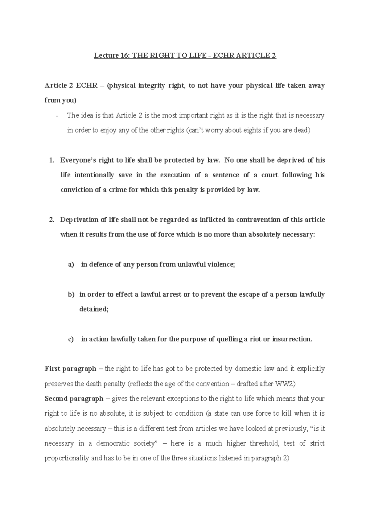 Human Rights Lecture 16 - Article 2 The Right to Life - Lecture 16: THE ...