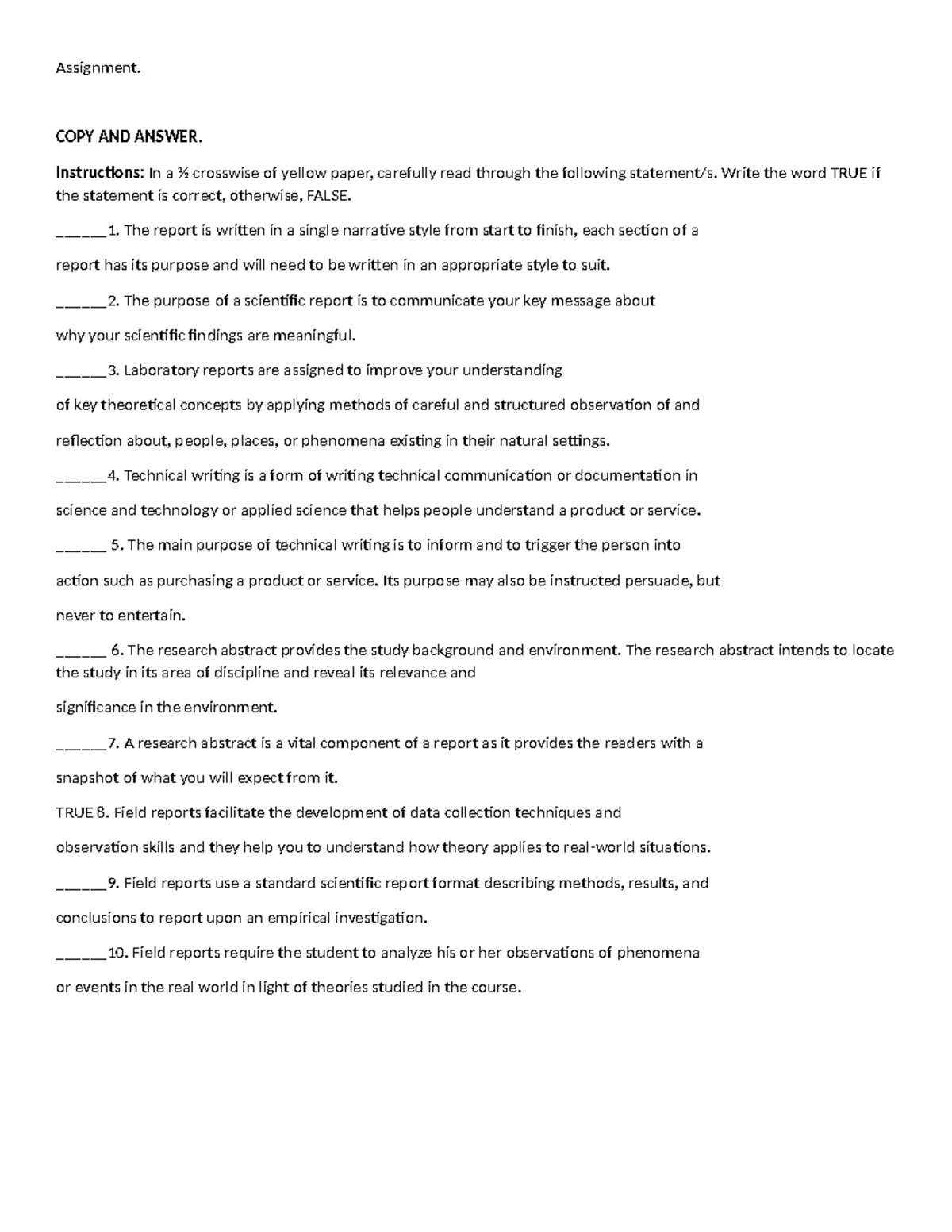 Assignment and Activity 1 - Assignment. COPY AND ANSWER. Instructions ...