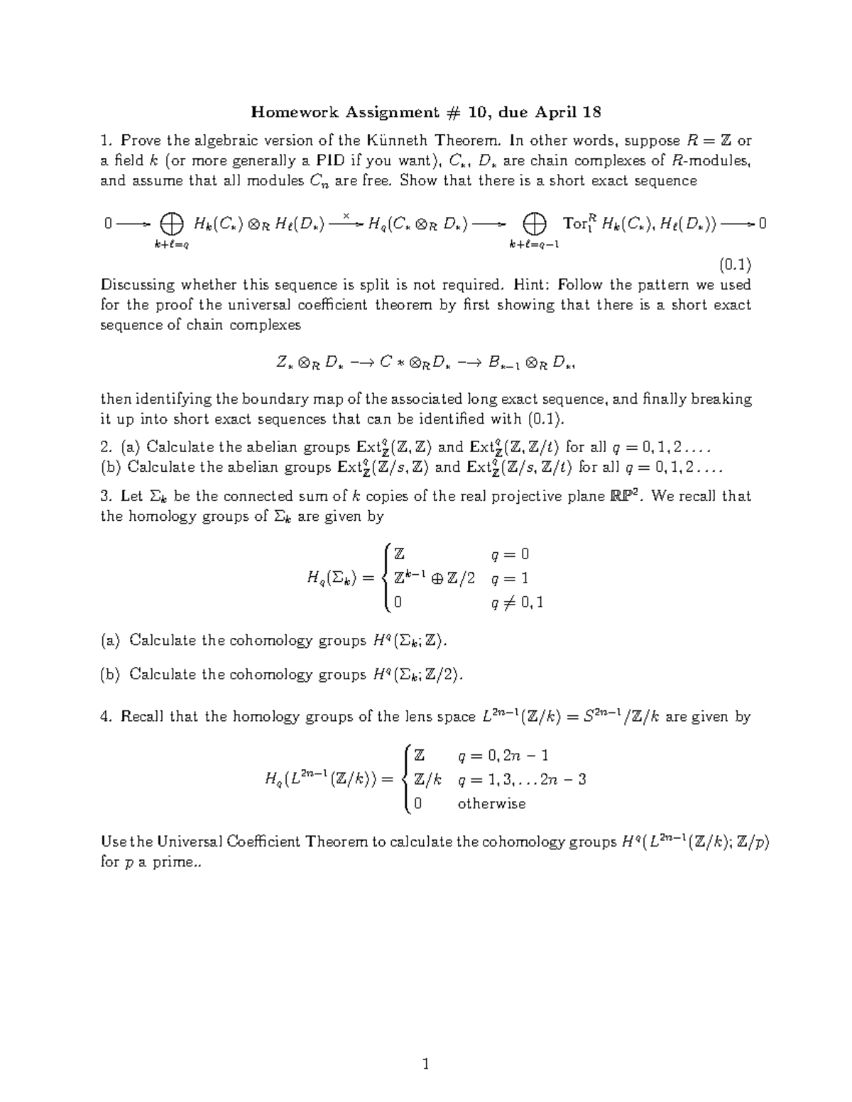 Hw 10 - due April 18, 2016 - Homework Assignment # 10, due April 18 1. Prove the algebraic ...