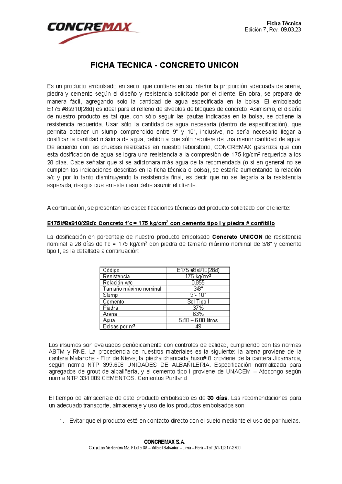 2023 FT Concreto Liquido - Ficha Técnica Edición 7, Rev. 09. CONCREMAX ...