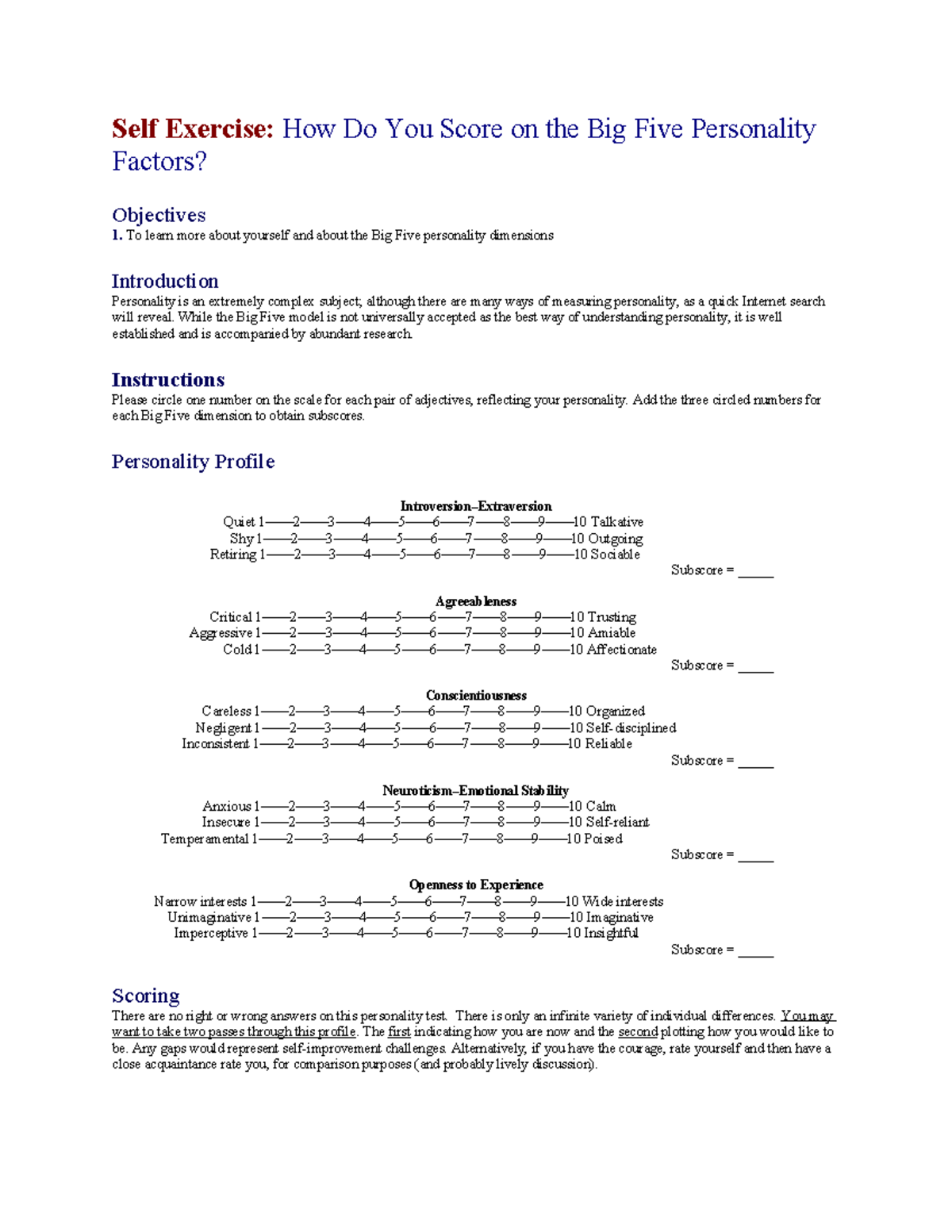 Chapter 5 - Big 5 and Locus of Control - Students-1-1 - Self Exercise ...