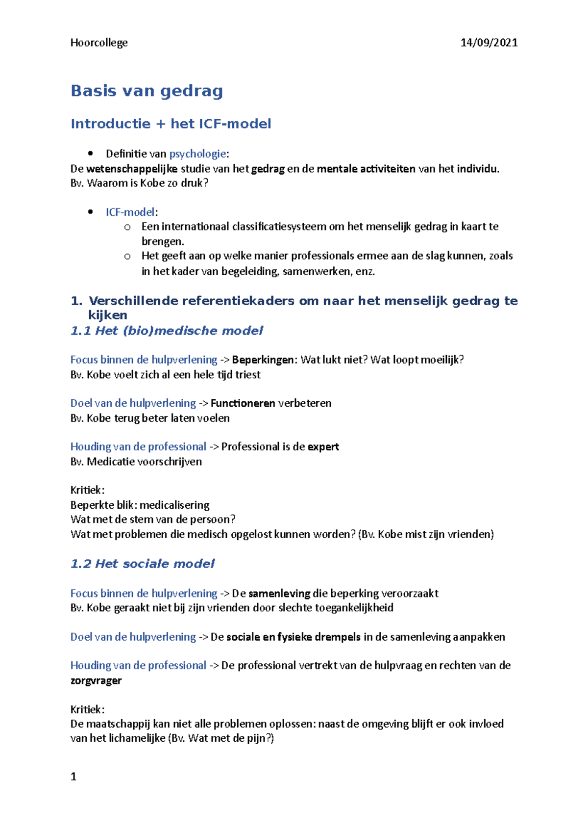 Basis van gedrag - Dit is een samenvatting van de introductie + het ICF ...