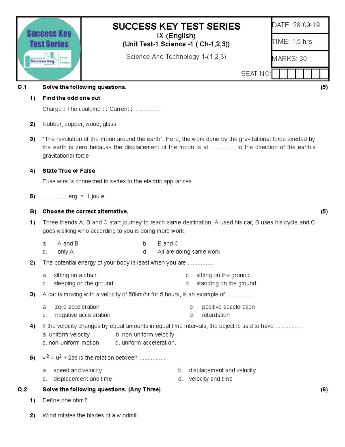 Class 9 E unit T-1 Science -1 Q - SEAT NO: SUCCESS KEY TEST SERIES IX ...