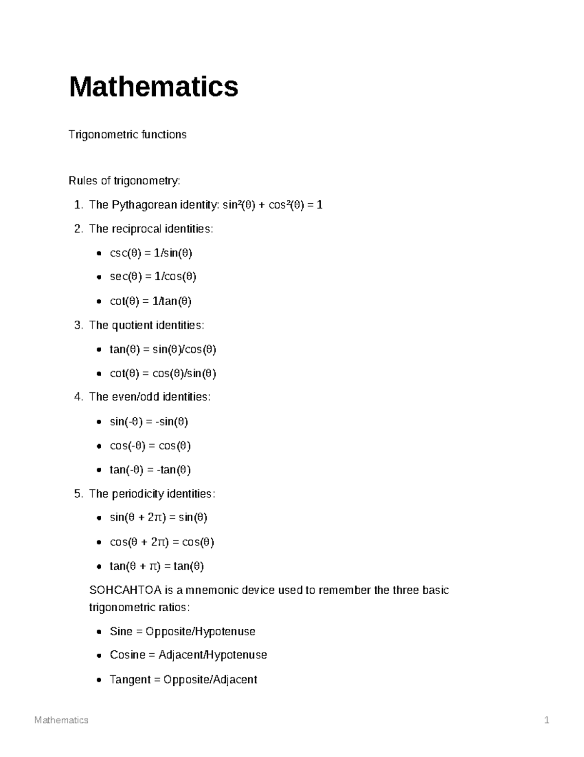 Maths 1 - Mathematics 1 Mathematics Trigonometric functions Rules of ...