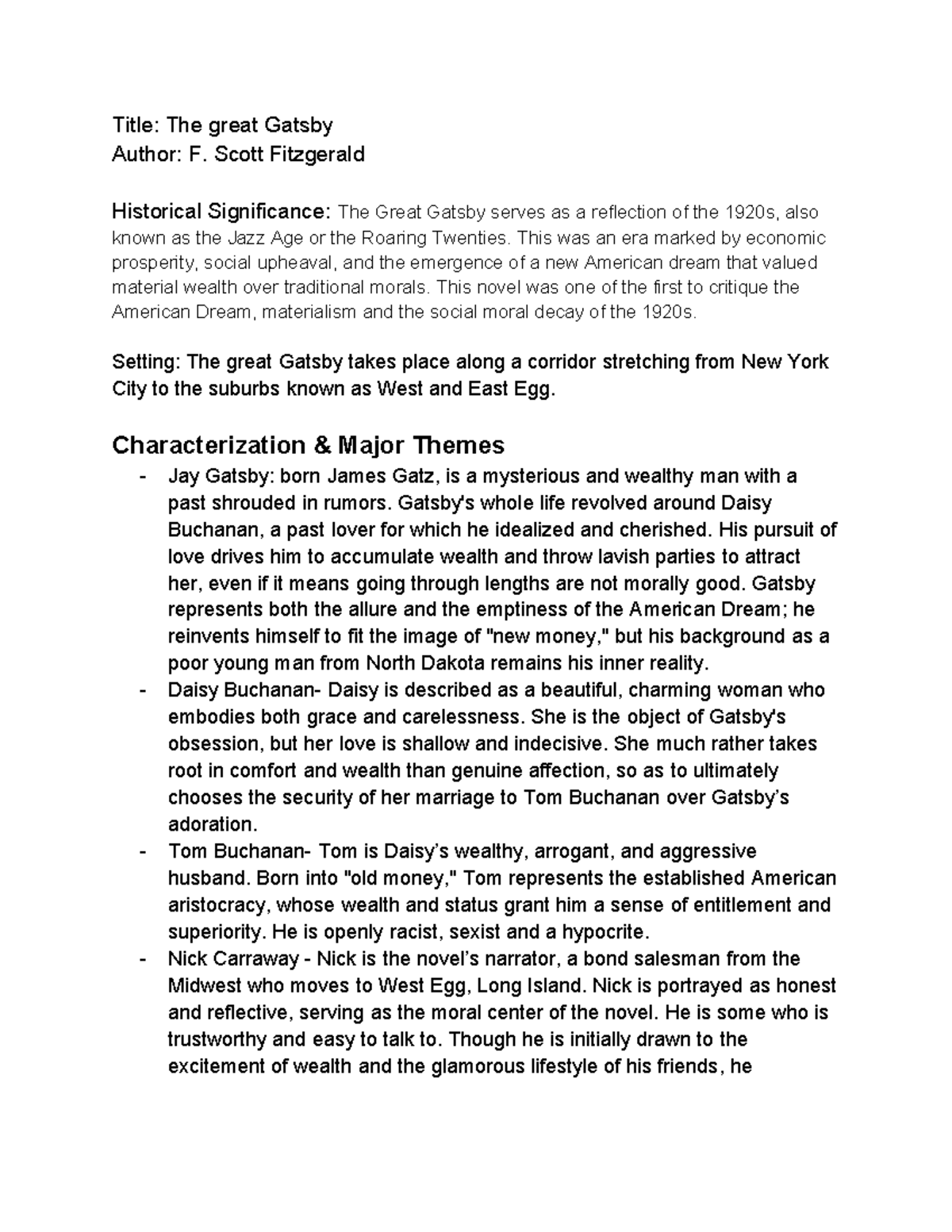 The Great Gatsby Handout P1 - Title: The great Gatsby Author: F. Scott ...