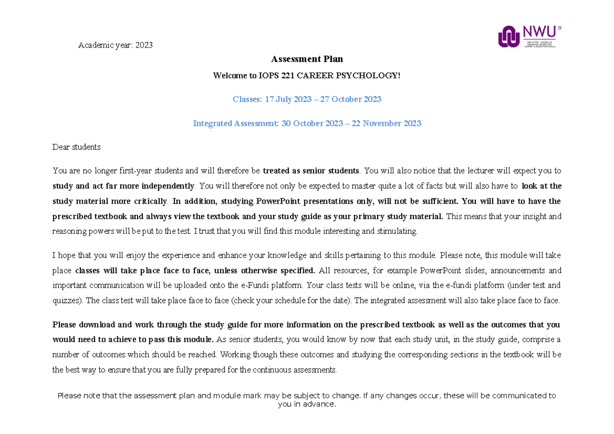 IOPS 221 Schedule 2023 - this is an assesment plan - Assessment Plan Welcome to IOPS 221 CAREER ...