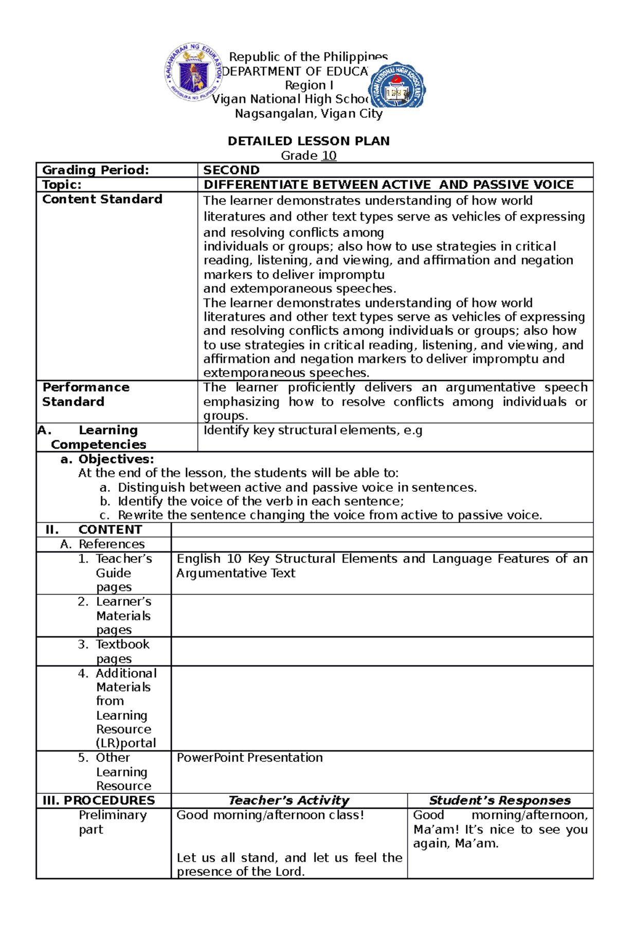 Active and passive voice lesson plan - Republic of the Philippines ...