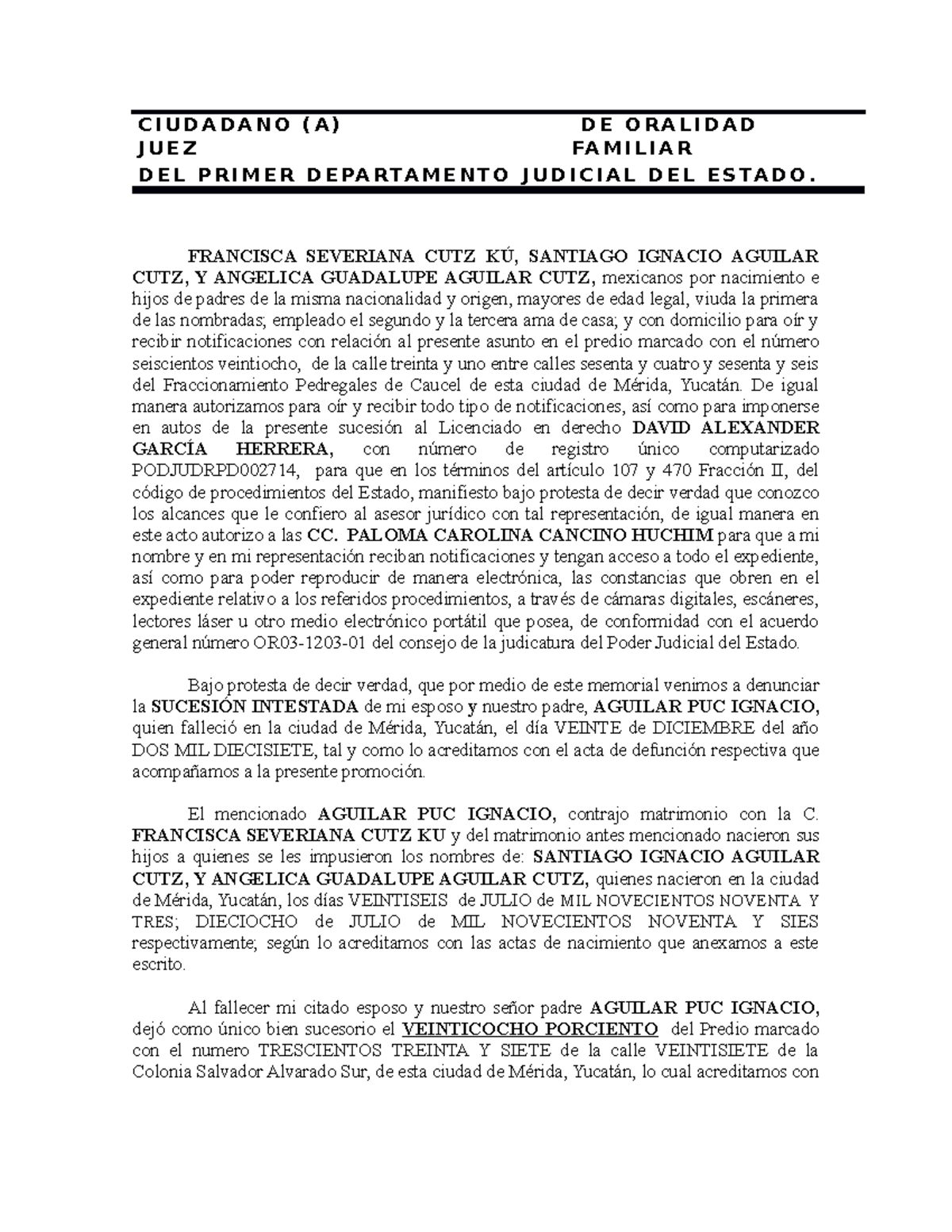 Juicio Intestado Oral Francisca Severiana CUTZ KU - Derecho - UADY ...