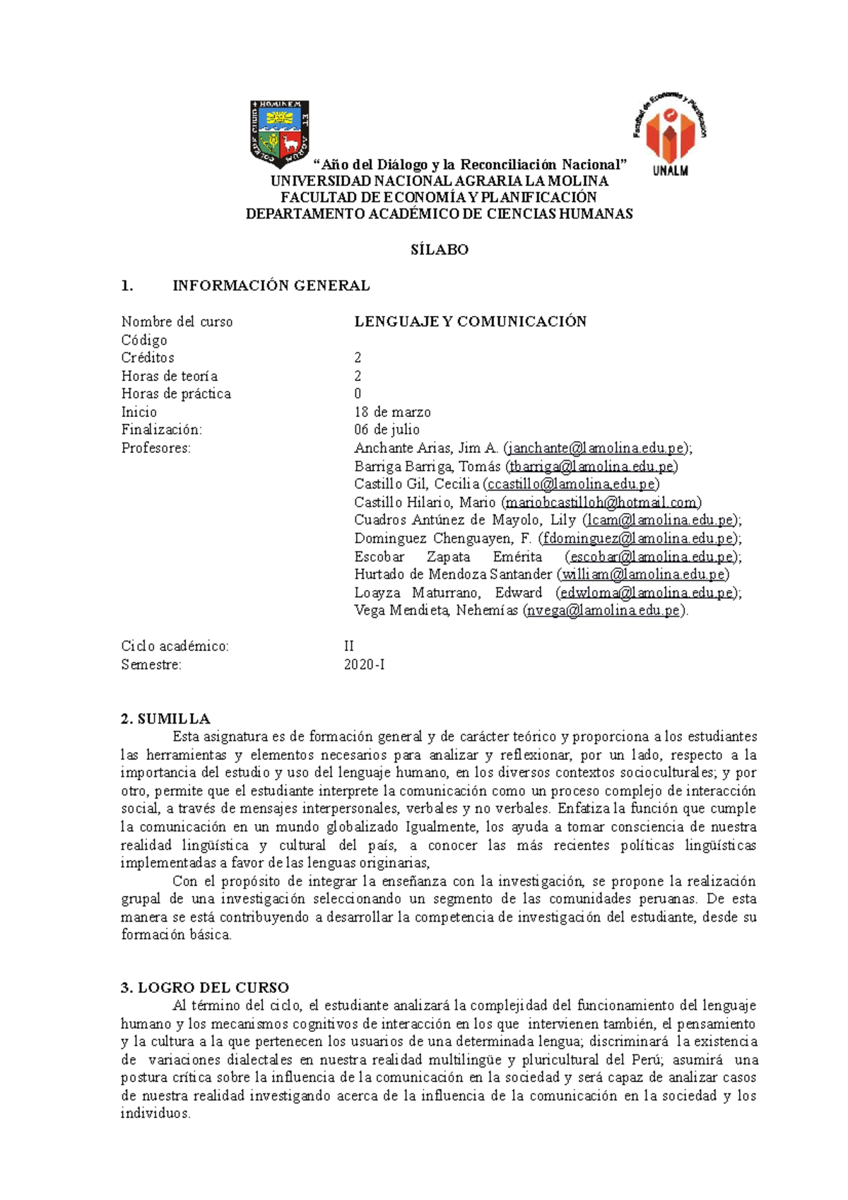 Sílabo de Lenguaje y comunicación - “Año del Diálogo y la Reconciliación Nacional” UNIVERSIDAD ...