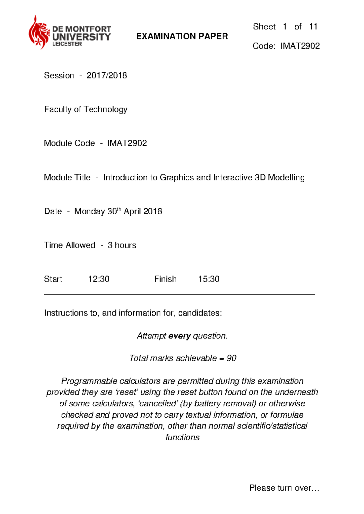 IMAT2902 Exam 2018 - Sheet 1 of 11 EXAMINATION PAPER Code: IMAT Session ...