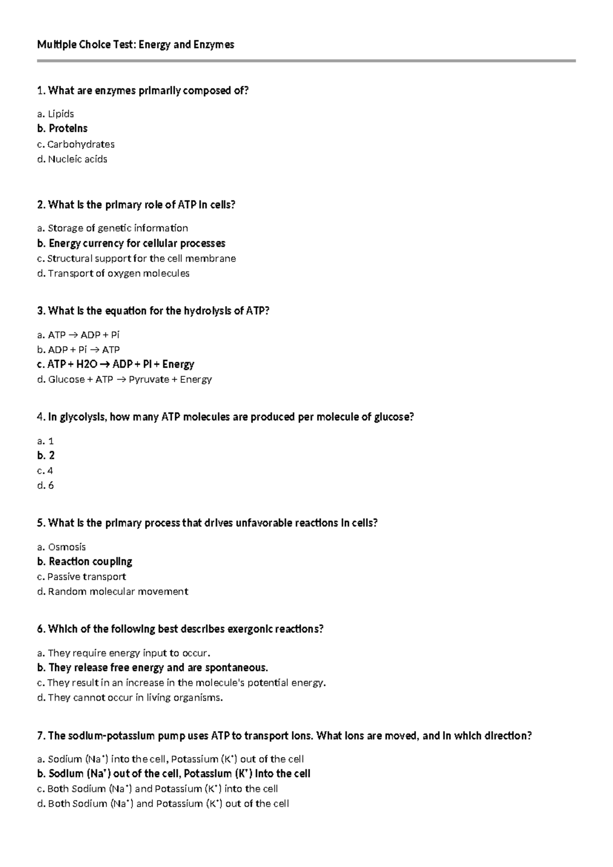 General Biology 2nd Quarter - Multiple Choice Test: Energy and Enzymes ...