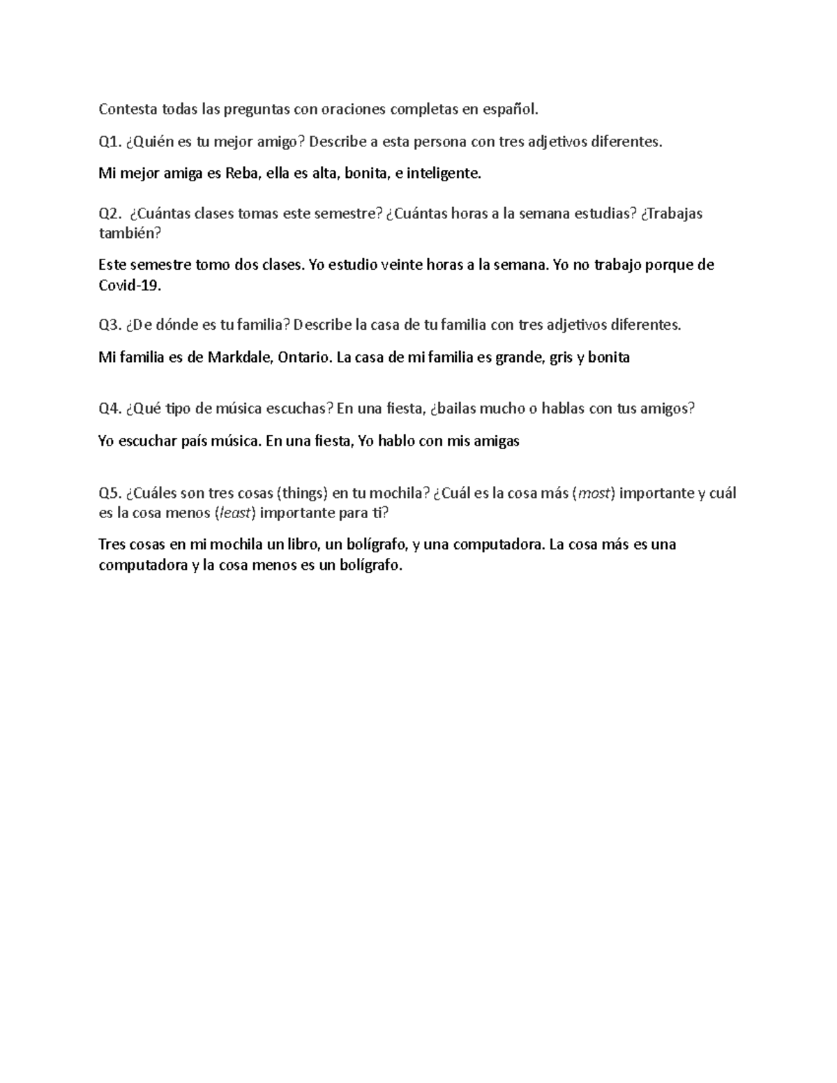 SPAN 1100 Writing Assignment 1 - Contesta todas las preguntas con ...